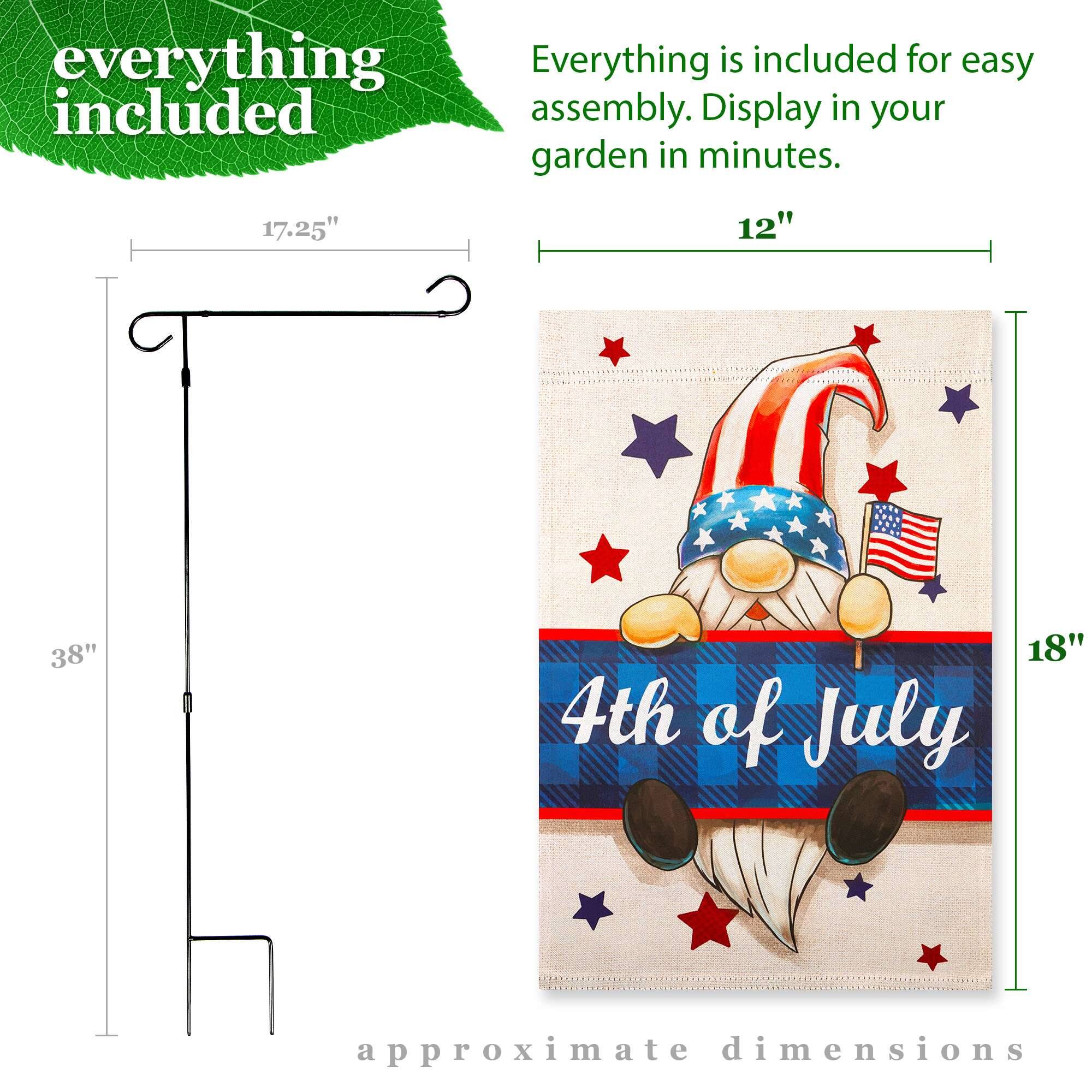 G128 Combo Pack: Garden Flag Stand 36x16 in & 4th of July Gnome Printed ...
