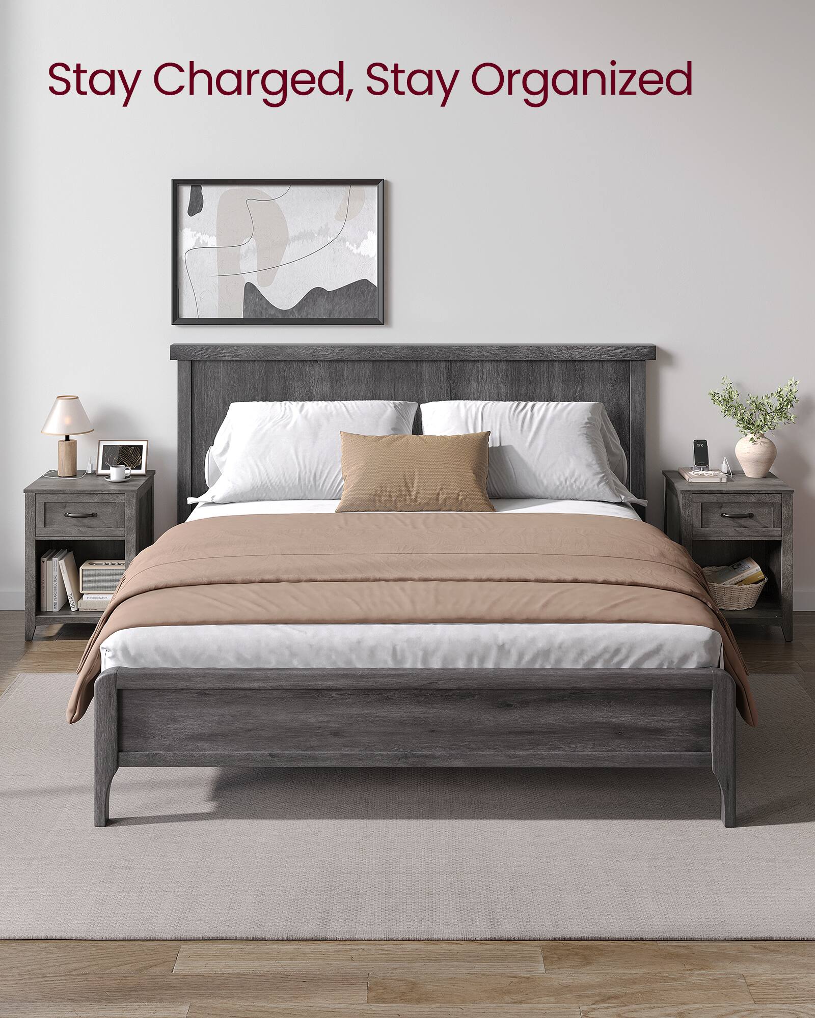 Songmics Home Farmhouse Nightstand with Charging Station, Bedside Table ...