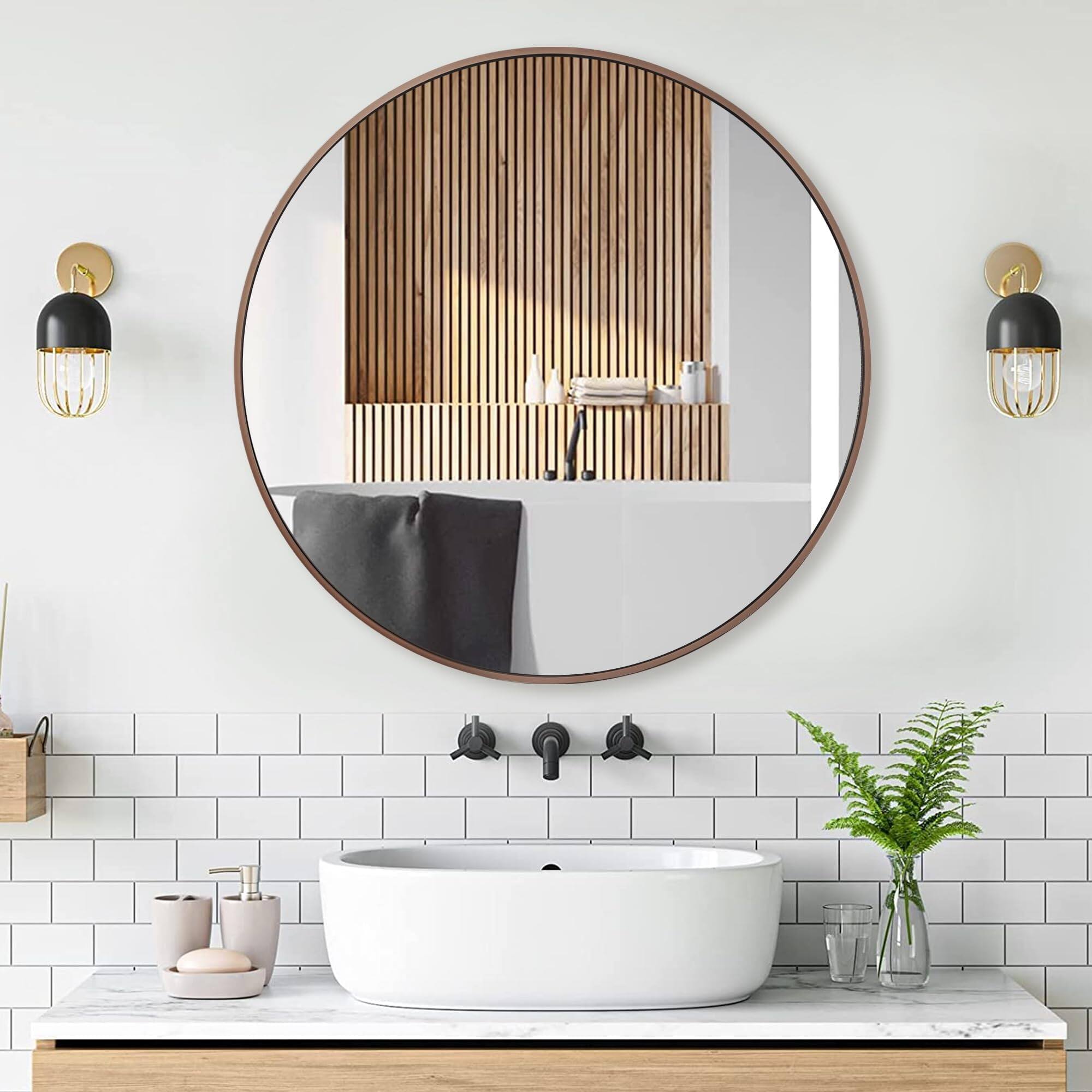 Cedar Assembly Circle Wall Mirror Brushed Bronze Metal Framed Round For ...