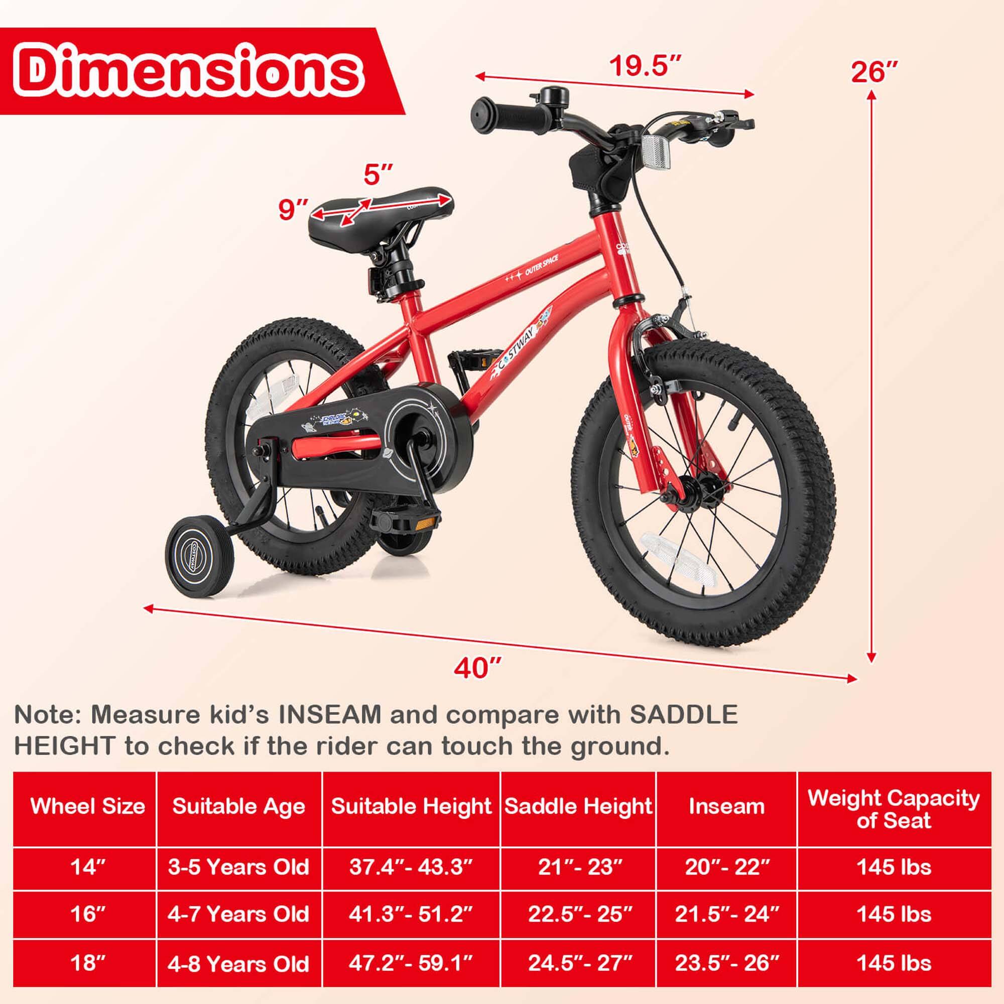 Costway 14 Inch Kid's Bike for 3 5 Years Old with Adjustable Saddle & Anti slip Handlebar Red ...
