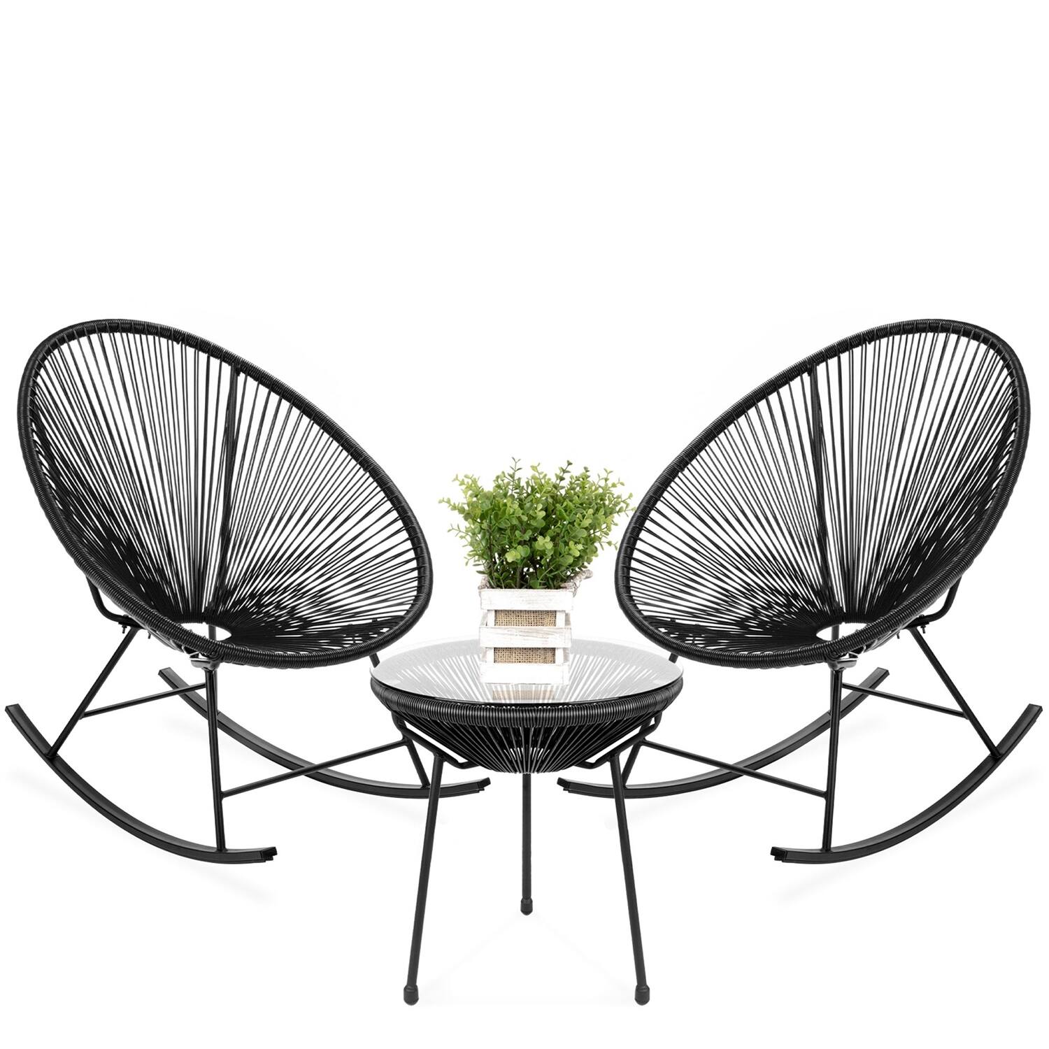 Hivvago 3 Piece Oval Patio Woven Rocking Chair Bistro Set Black ...