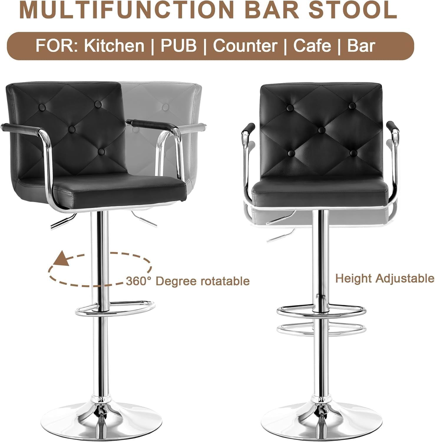 Vecelo Set of 2 PU Leather Bar Stools with Back and Arms,Adjustable ...