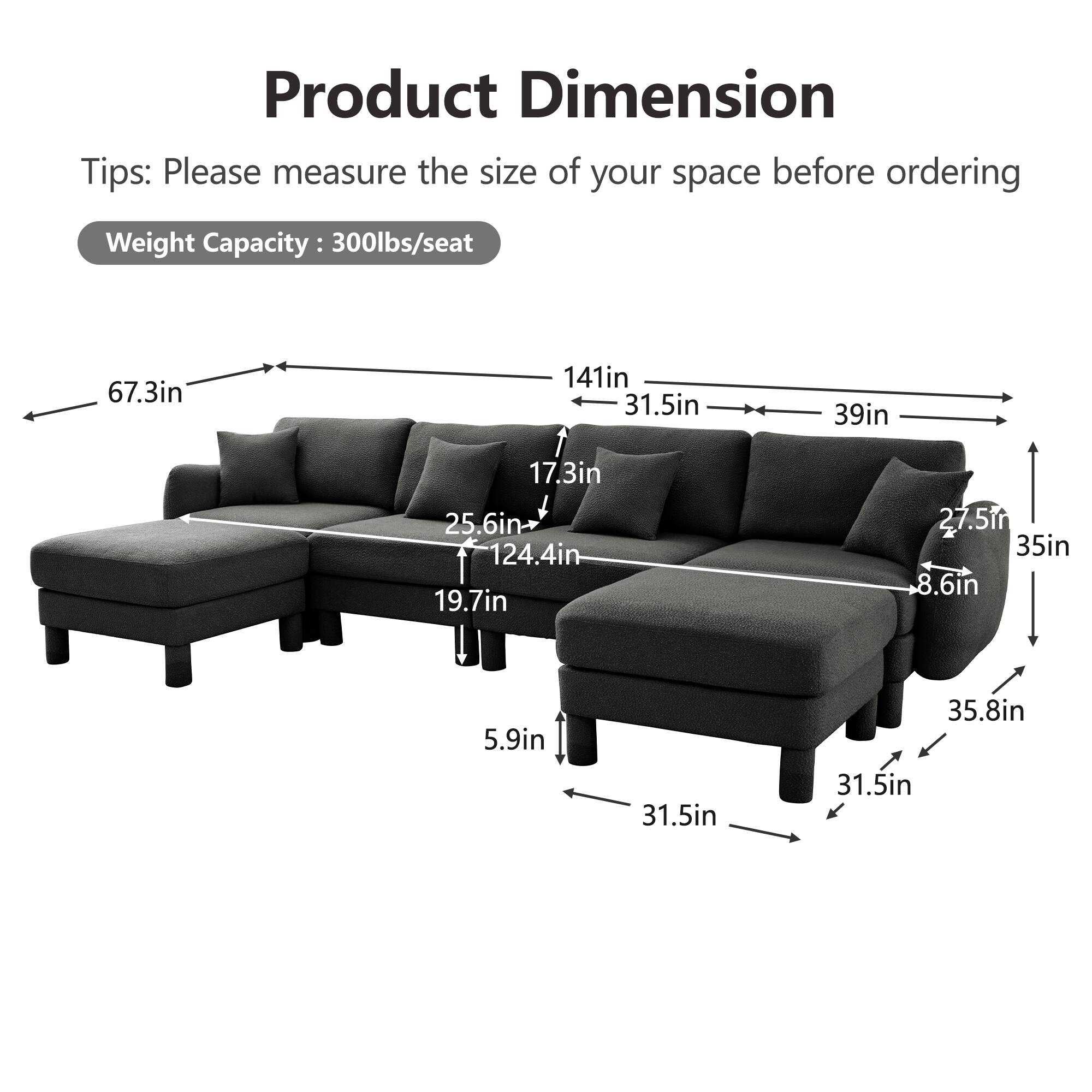 Aukfa Boucle Fabric U Shape Sectional 4 Seater Sofa Shell Shaped ...