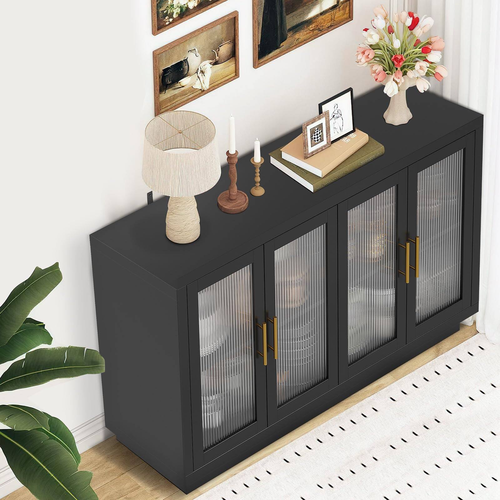 Jojoka 55" Modern Sideboard Buffet Cabinet with 4 Fluted Glass Doors and Adjustable Shelf Black ...