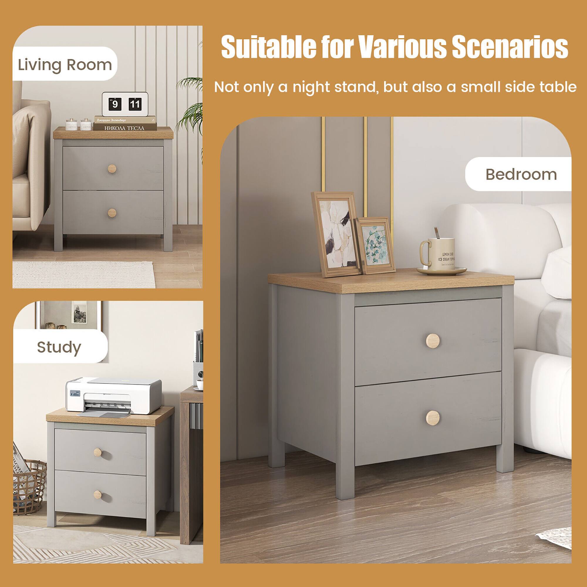 Gymax Nightstand Farmhouse Side End Table w/ Solid Wood Legs & 2 ...