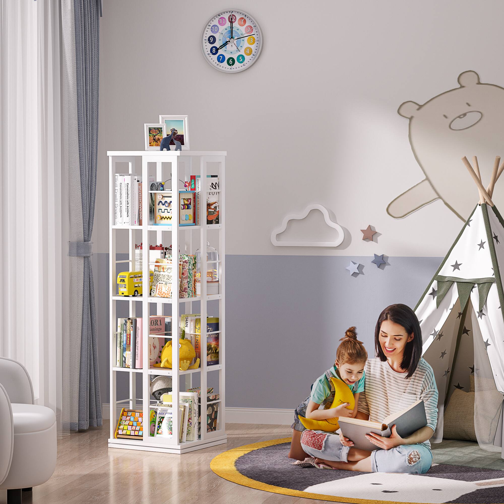Aheaplus 4 Tier Square Rotating Bookshelf for Small Space White BBY-AP ...