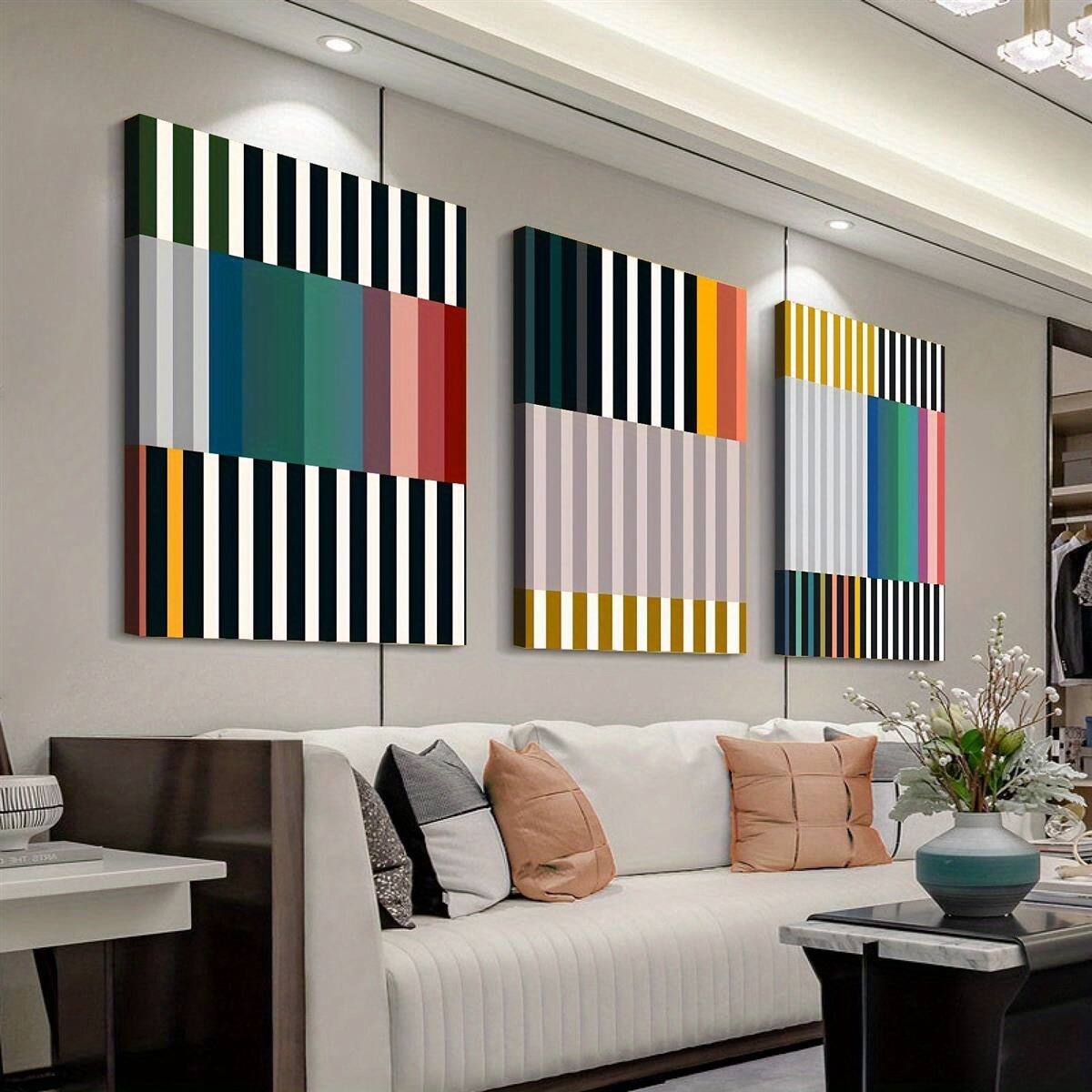 blue 3 Piece Abstract Geometric Canvas Art Print Set Modern & Art Deco ...