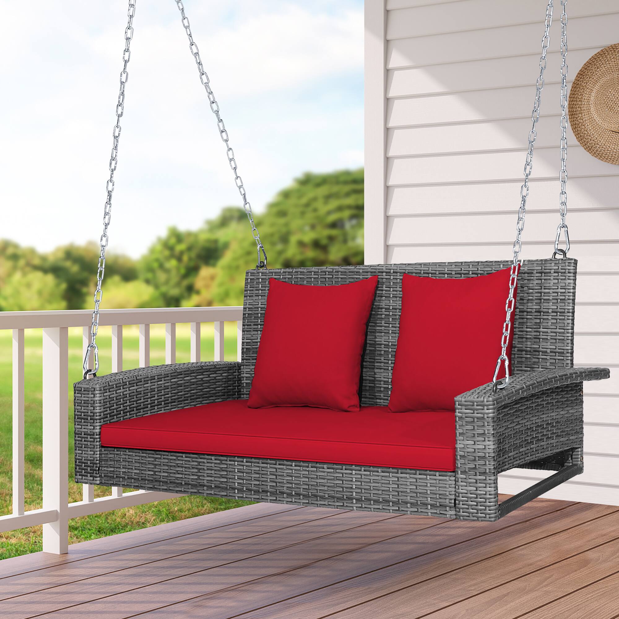Costway 2 Person Patio PE Wicker Hanging Porch Swing Bench Chair with ...
