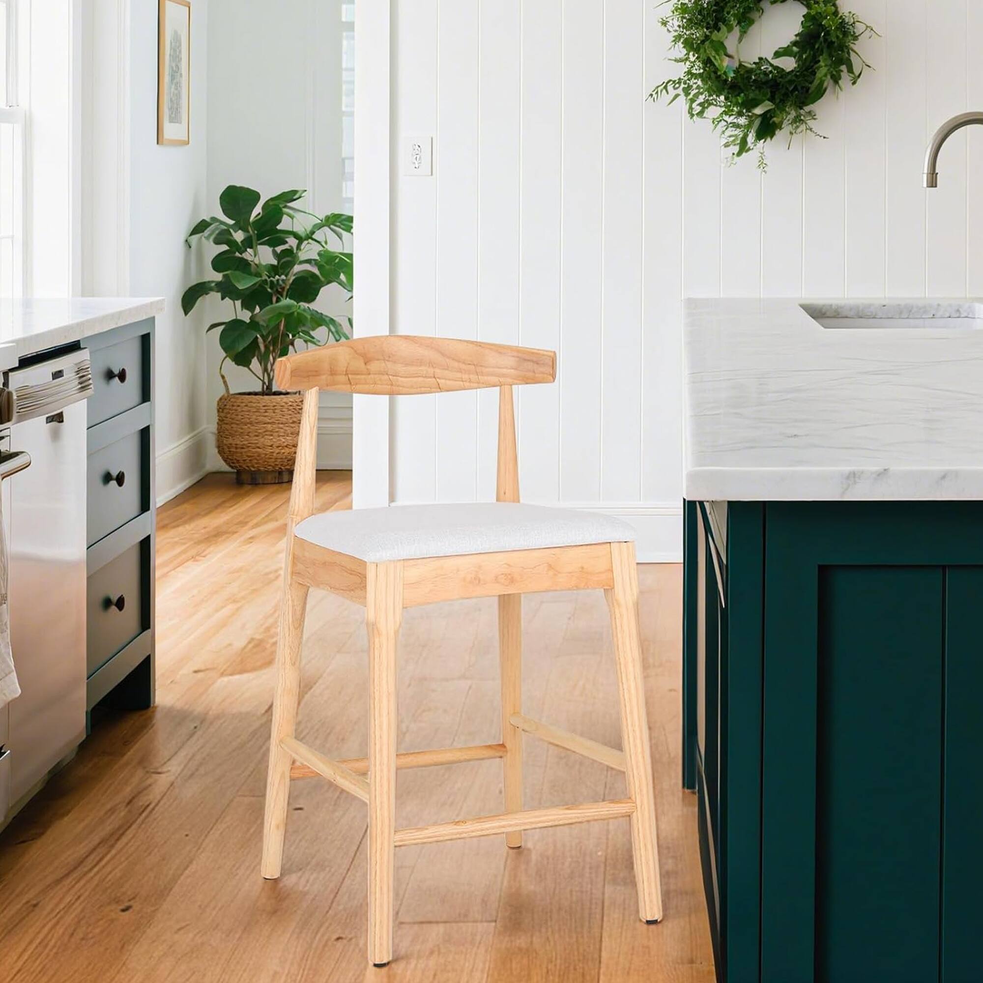 HTUTWOO Mid Century Bar Stools Set of 2, Solid Wood Counter Height ...