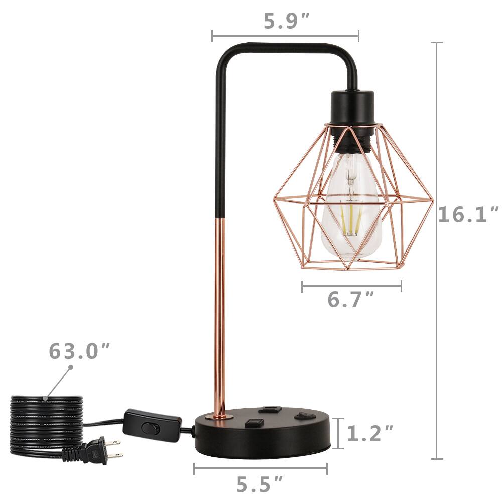 Oumilen Industrial Rose Gold Geometric Cage Desk Lamp with USB & AC ...