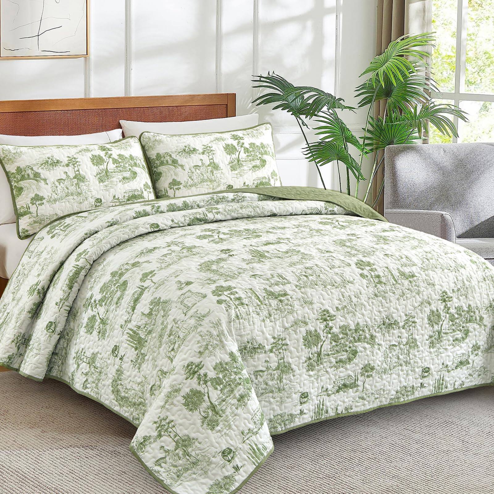 Earthley Blooms Farmhouse Quilt Set Spring Toile Rustic Bedspreads 3 ...