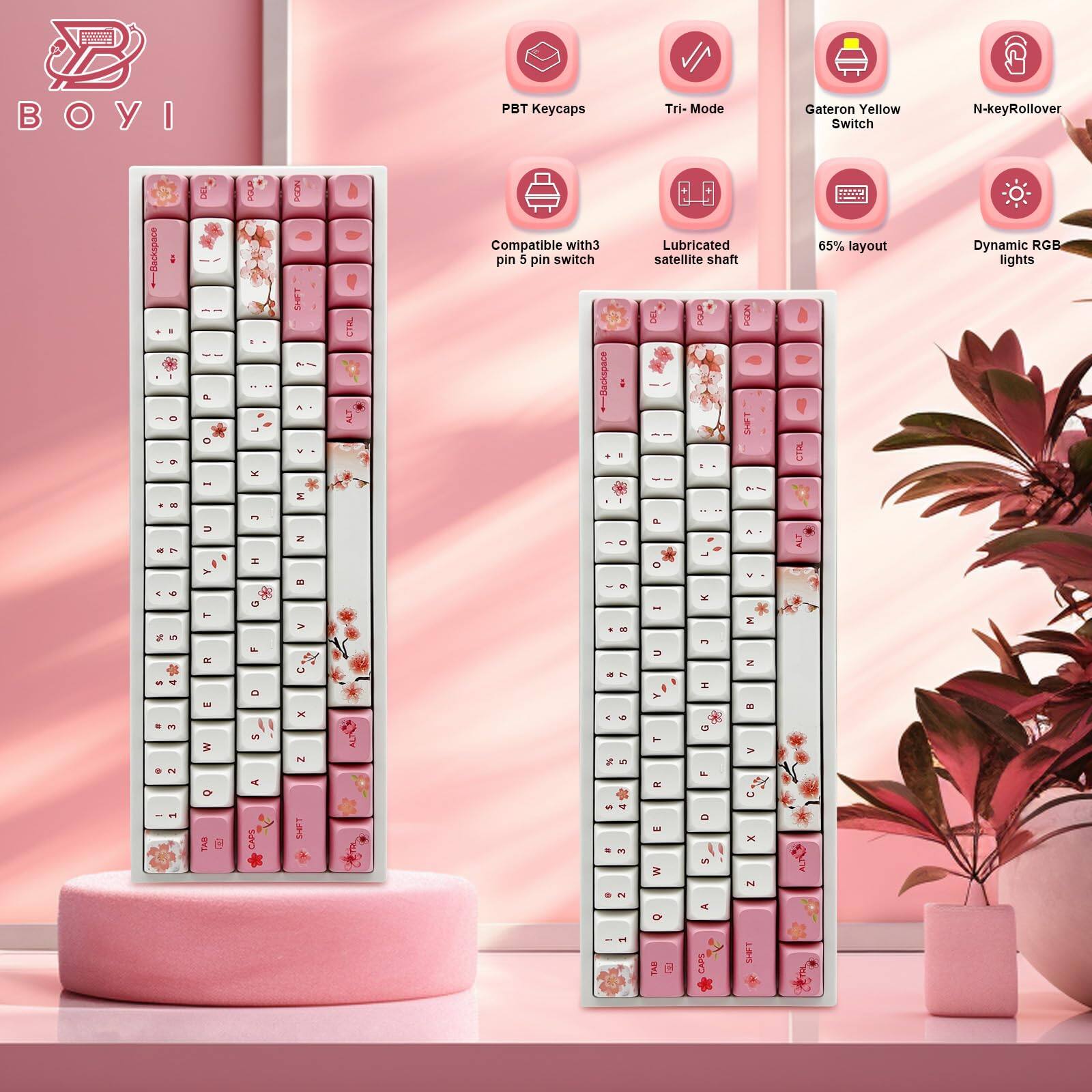 Cozy Serene X BOYI Cherry Blossom Pink Gaming 65 Compact 68 Keys Mini ...