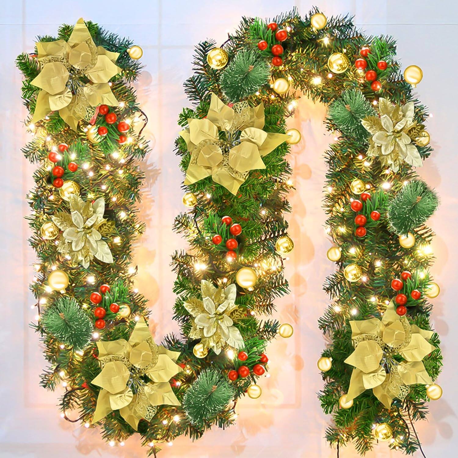 Auledio 4.9Ft/59in Christmas Vine with LED Lights and Simulated Red ...