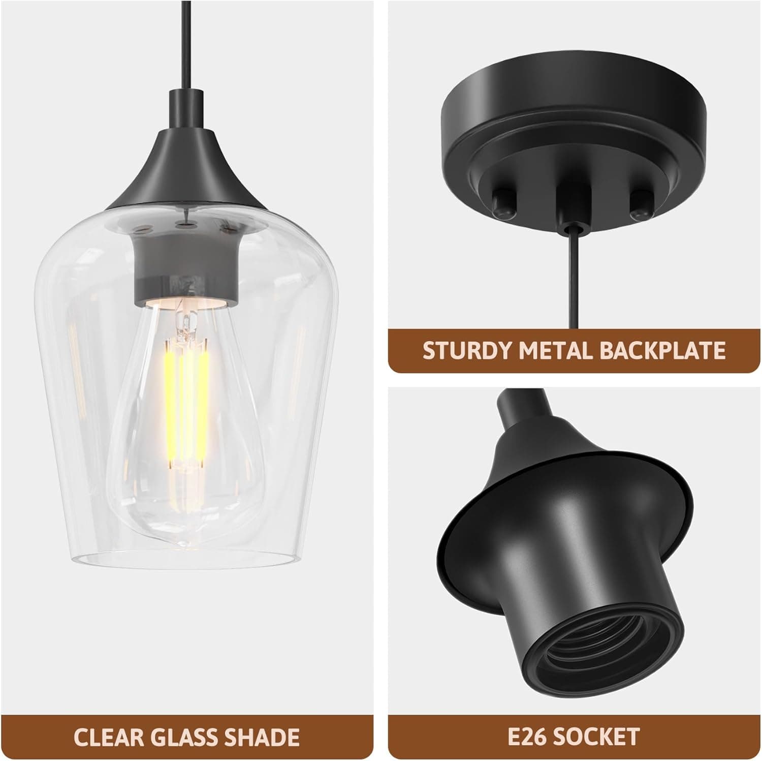 FINEAK Matte Modern Pendant Lights 2 Pack with Glass Shade, E26 Base ...