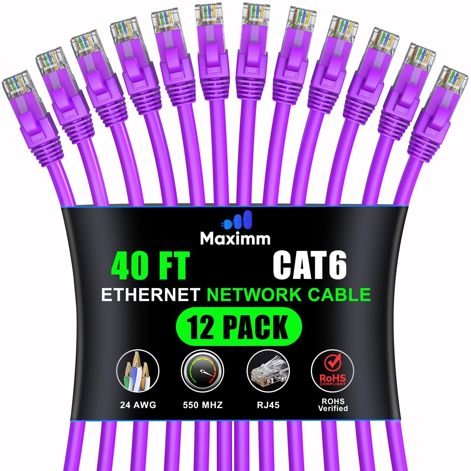Maximm Cat 6 Ethernet Cable 40 ft (12 Pack) UTP, 10Gbps, 550MHz CAT6CCA ...