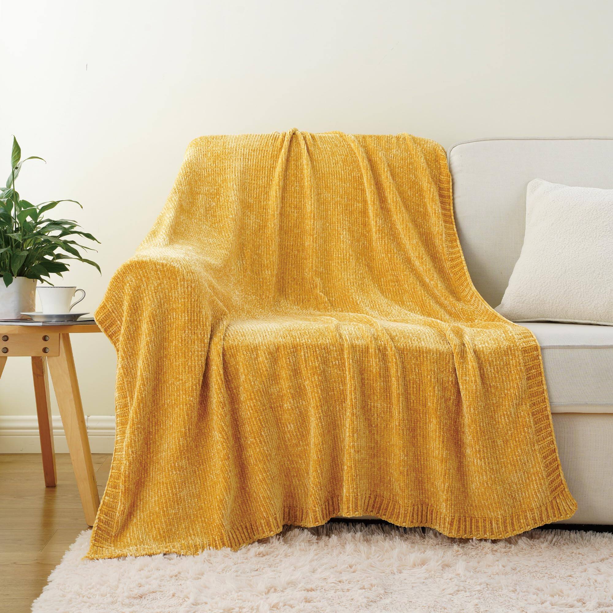 Dapper Styles Mustard Throw Blanket For Couch Knit Chenille Sofa Chair Soft Cozy Spring Bed ...