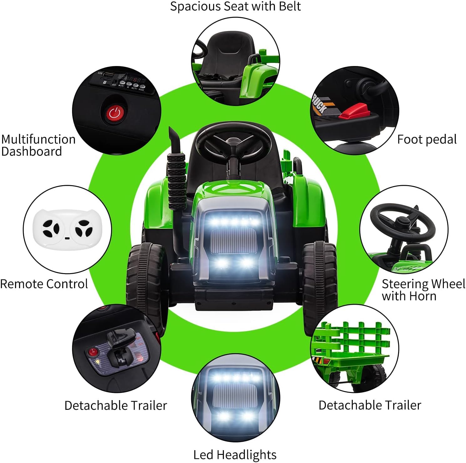 Qeetex 12V 25W Ride On Tractor with Trailer & Remote Control, LED ...
