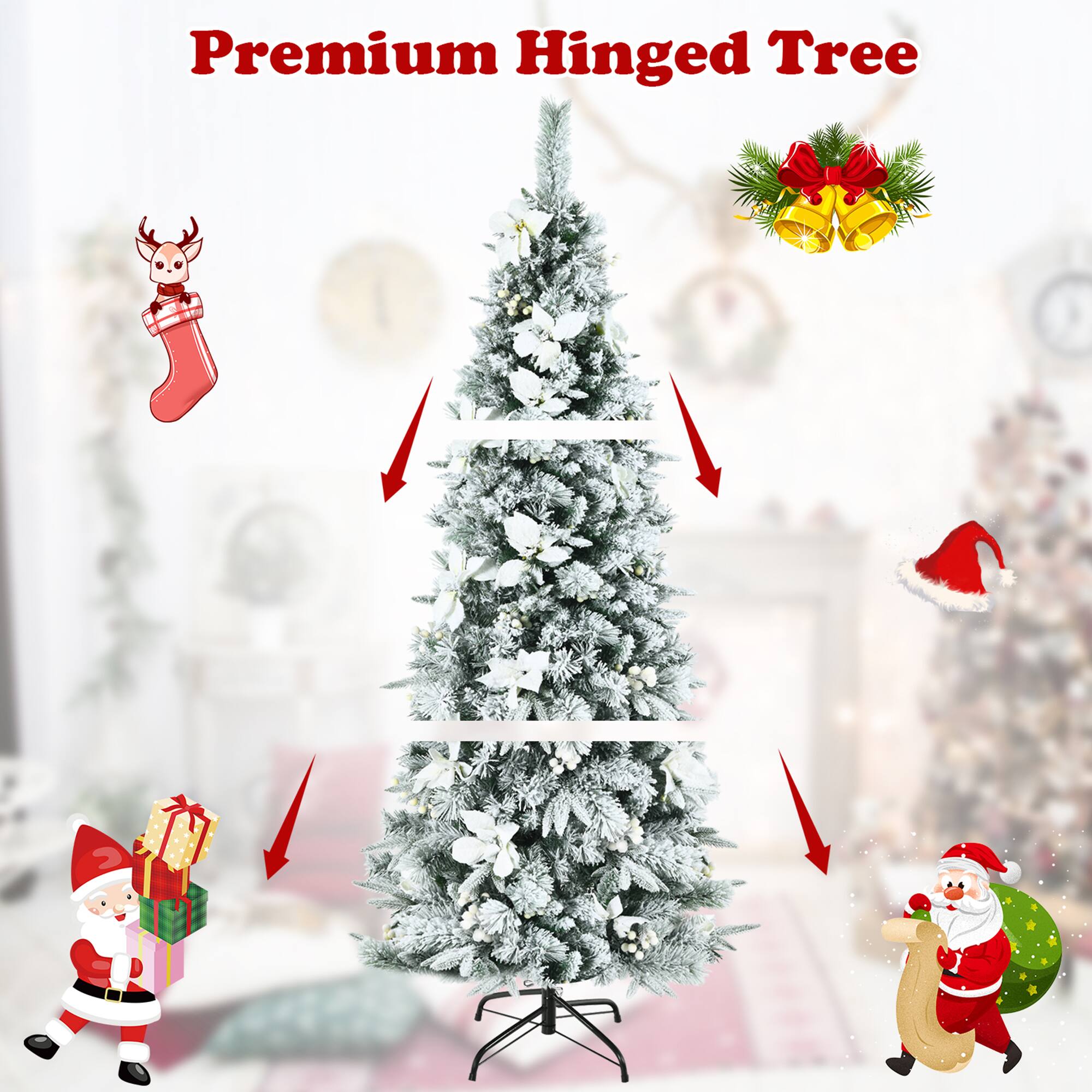 Gymax 6 FT Artificial Snow Flocked Pencil Christmas Tree w/ Berries ...