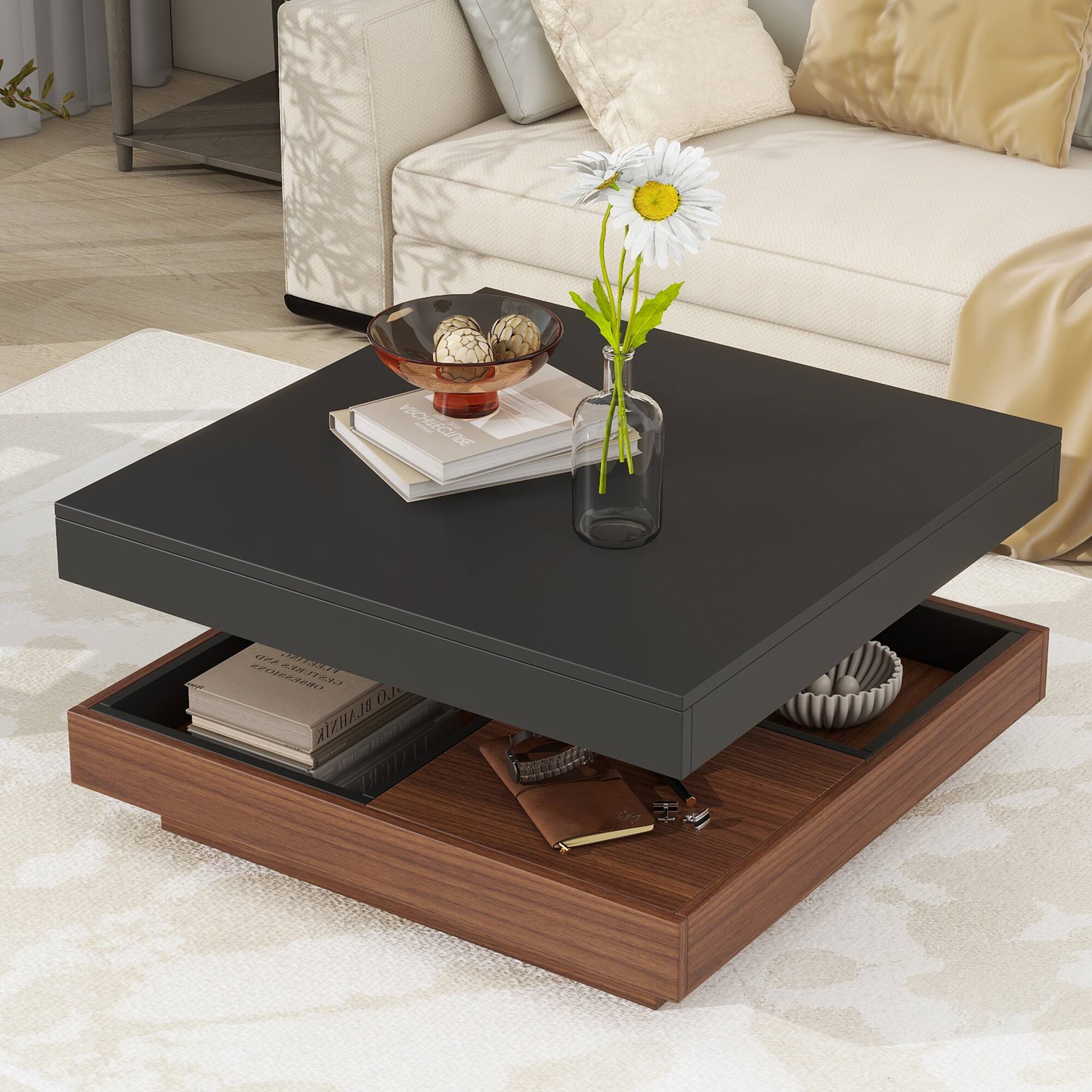 Tiramisubest Modern Square 360°Rotating Coffee Table with Three ...