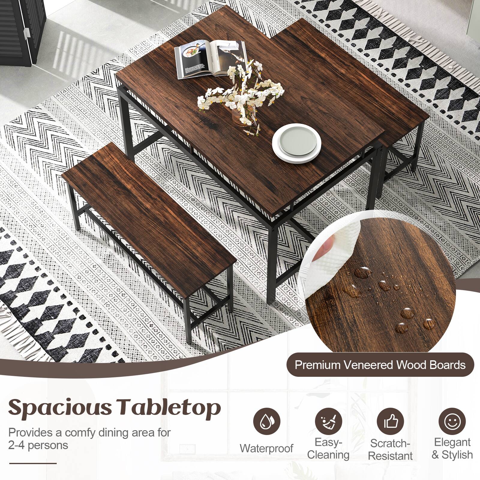 Costway 3 PCS Dining Table Set for 4 w/ 43" Wooden Kitchen Table 2 ...