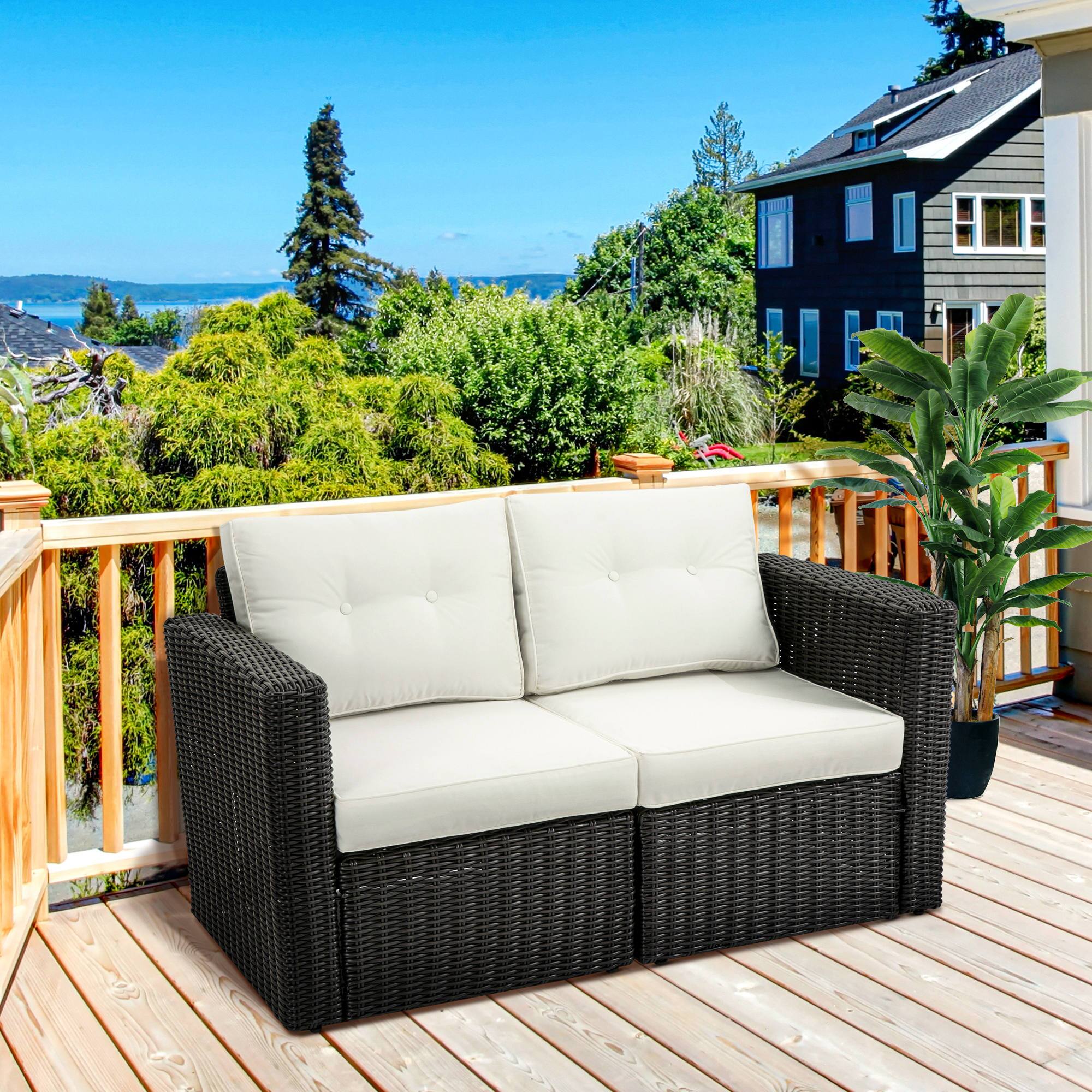 Outsunny 2 Piece Patio Wicker Corner Sofa Set, Outdoor PE Rattan ...
