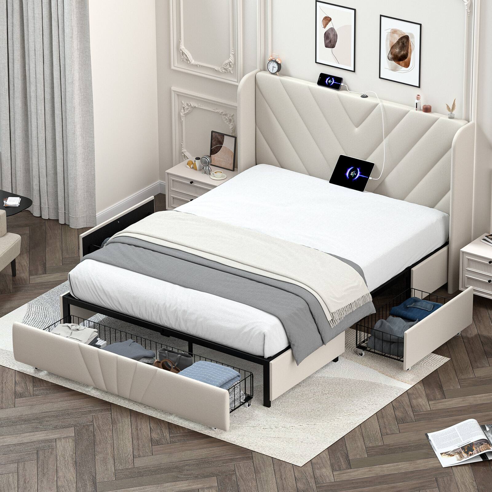 CloudRest Pro Queen Upholstered Platform Bed Frame with USB,Type C ...