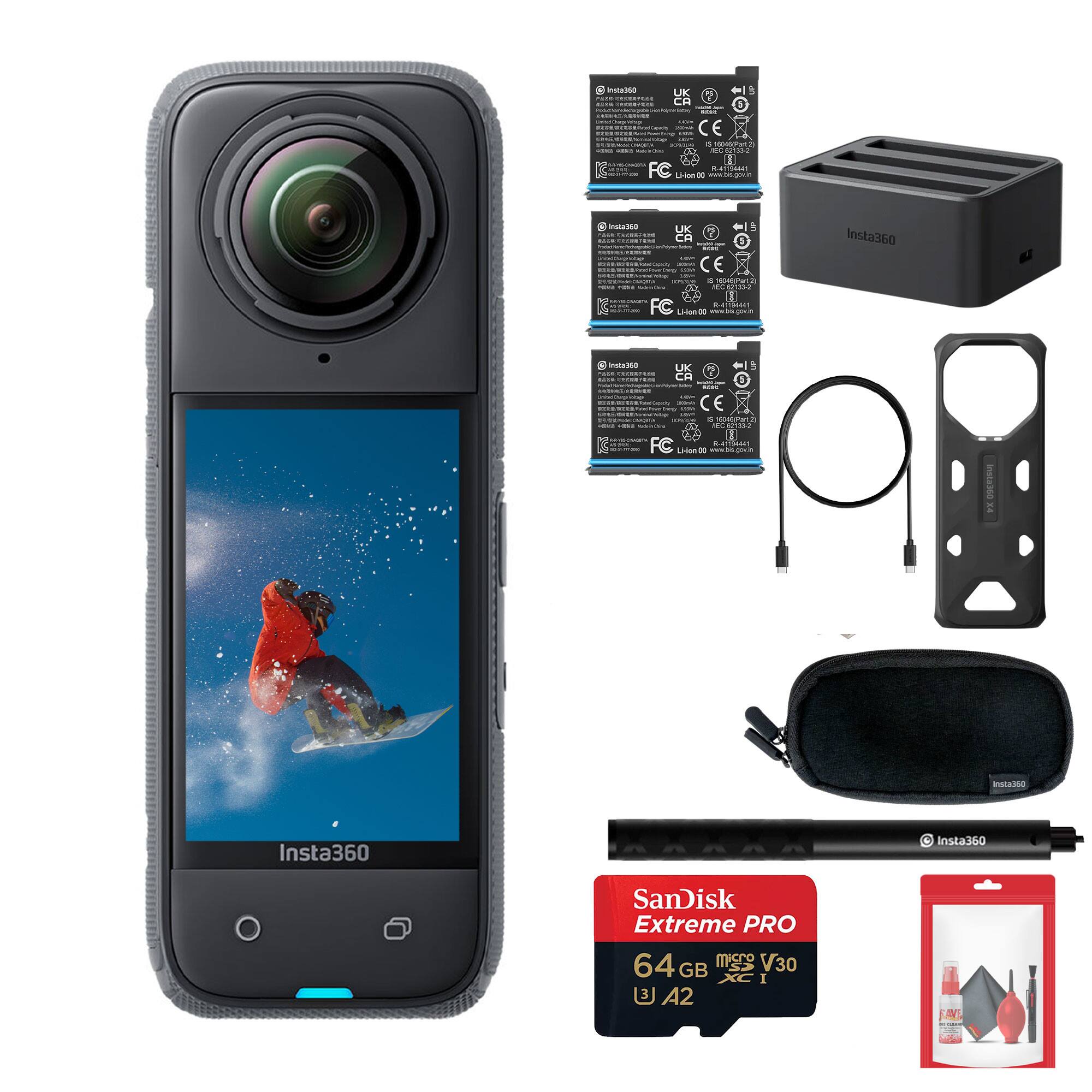 Insta360 X4 Waterproof 360 Action Camera + 2 Extra Batteries + Charger ...