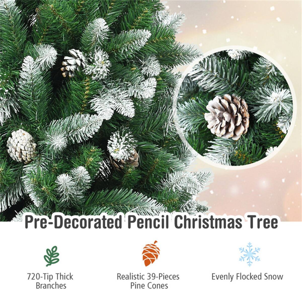 Spaco 7.5FT Snow Pencil Christmas Tree with Hinged Metal Stand and Pine ...