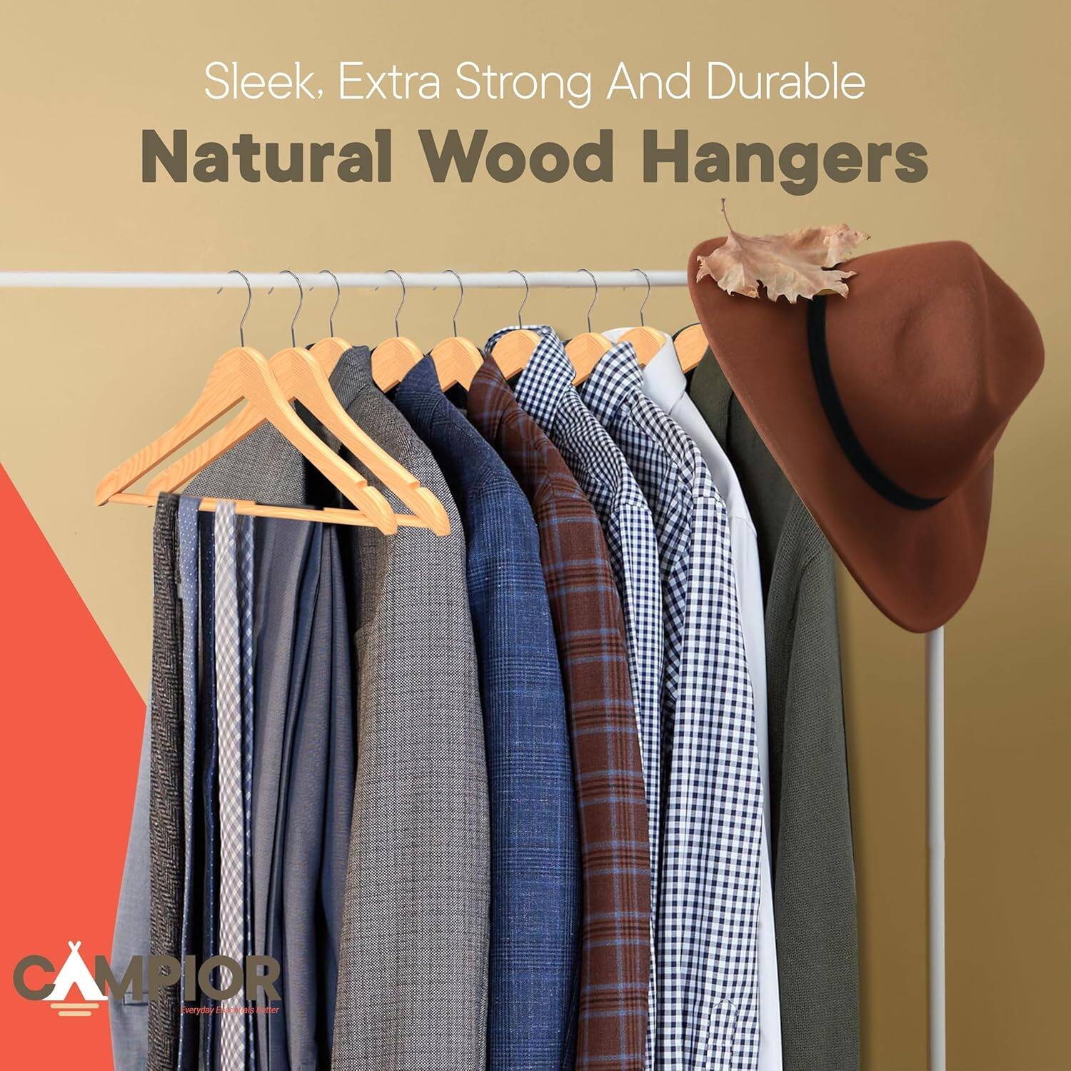 Campior Wooden Hangers – 50 Pack, 360° Swivel Hook, Non Slip, Pants Bar ...
