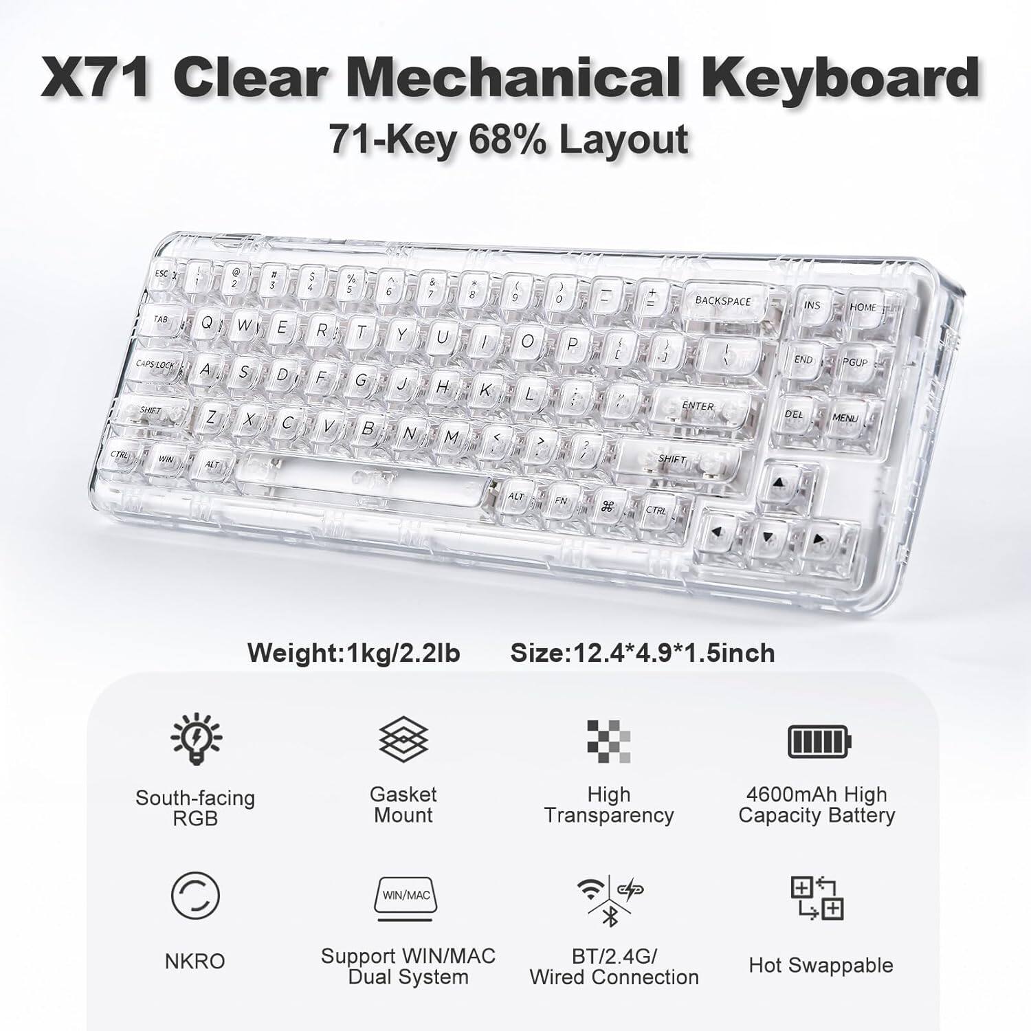 Wikistore X71 Wireless Hot Swappable Transparent Mechanical Keyboard ...