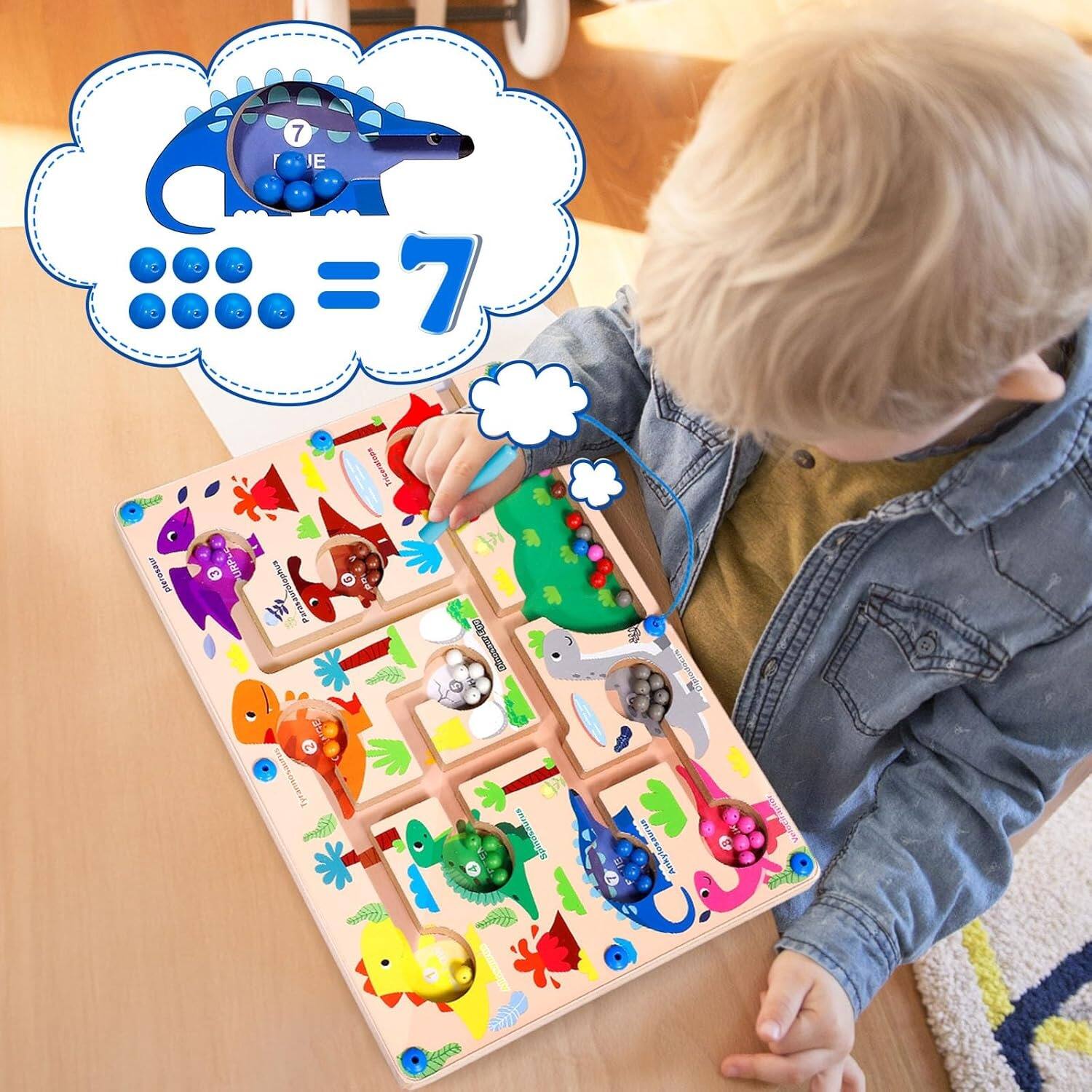 Auledio Magnetic Dinosaur Number Maze Montessori Toy for Kids, Wooden ...