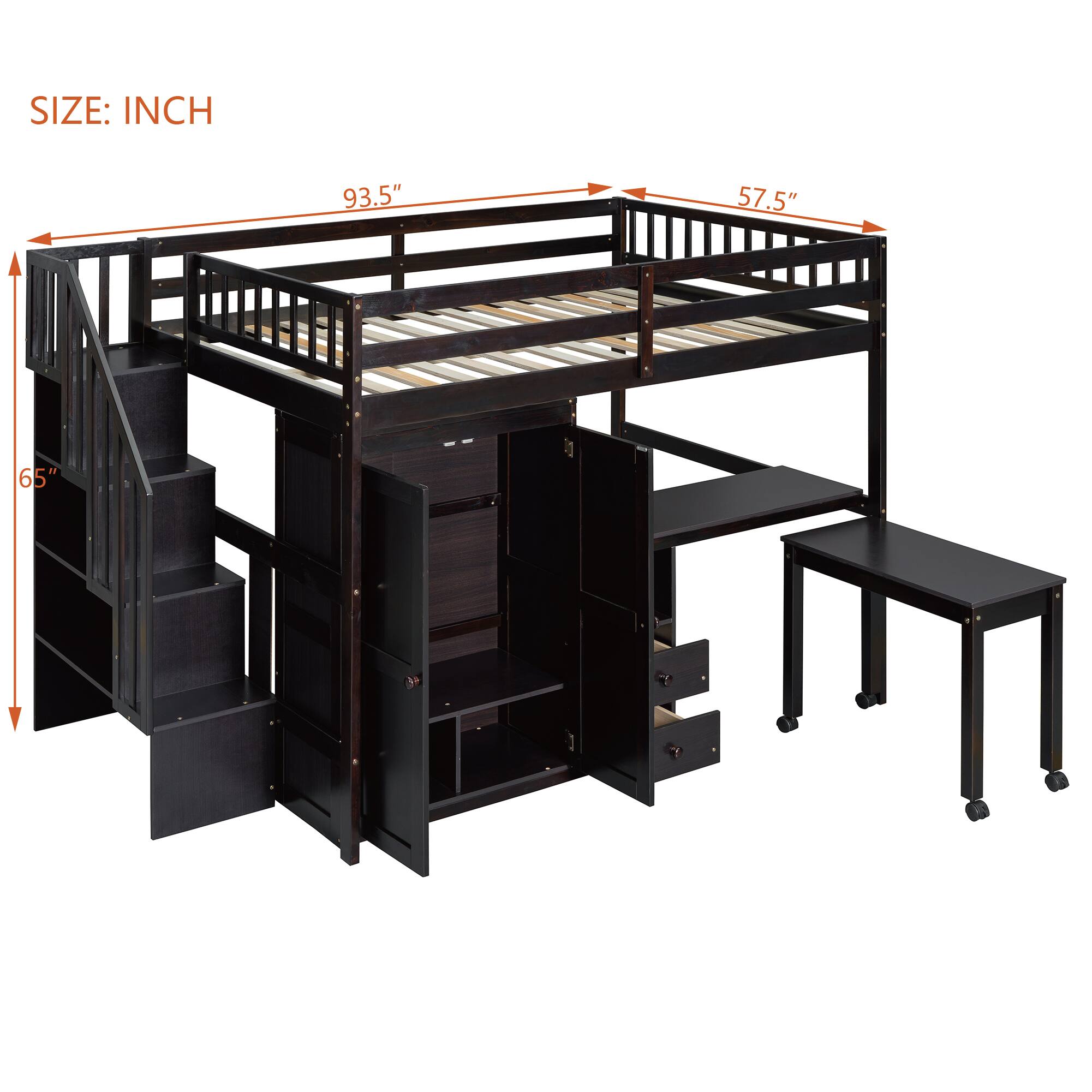 Tiramisubest Full Size Loft Bed with Furniture Espresso, Solid Wood+MDF ...