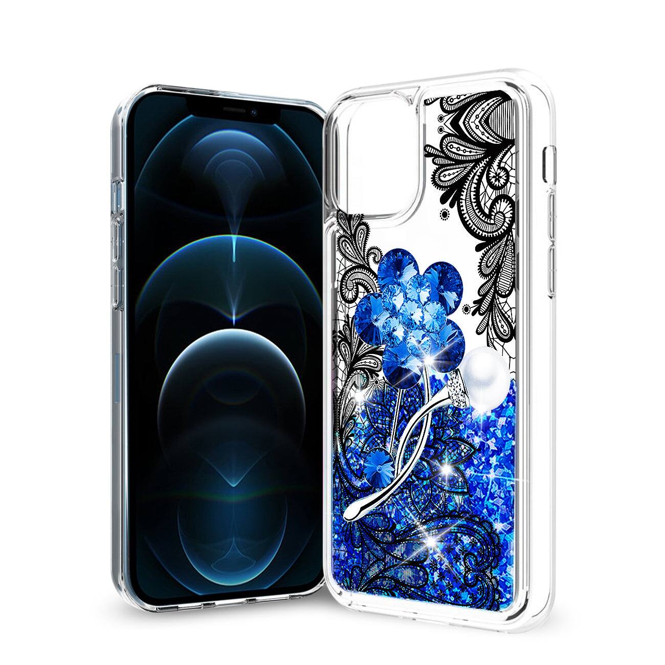 Reiko Iphone 12 Pro Max Glitter Case Moving Quicksand Navy Floral Navy ...