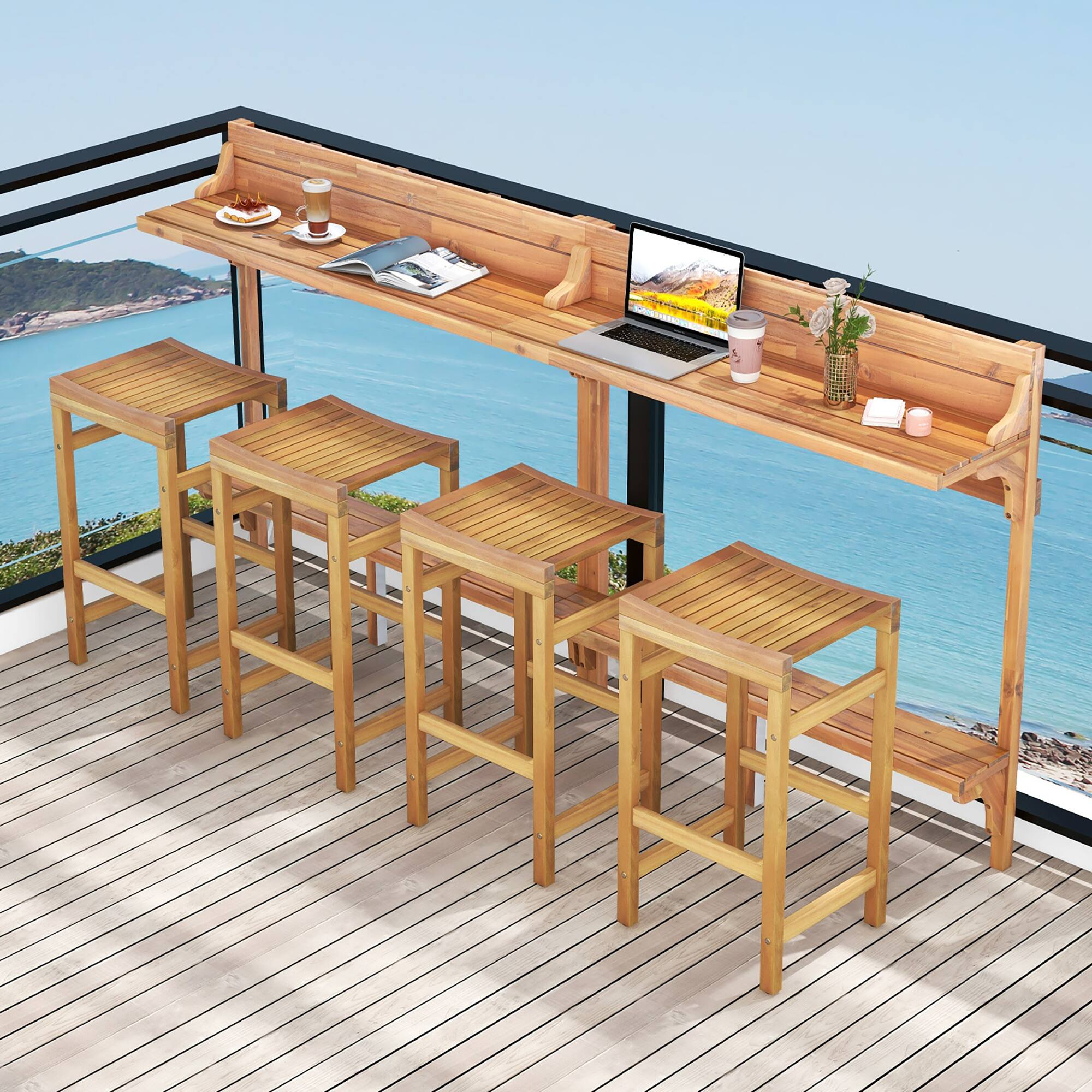 Gymax 6 PCS Acacia Wood Balcony Table Set w/ Shelf Footrest Curved Wood ...