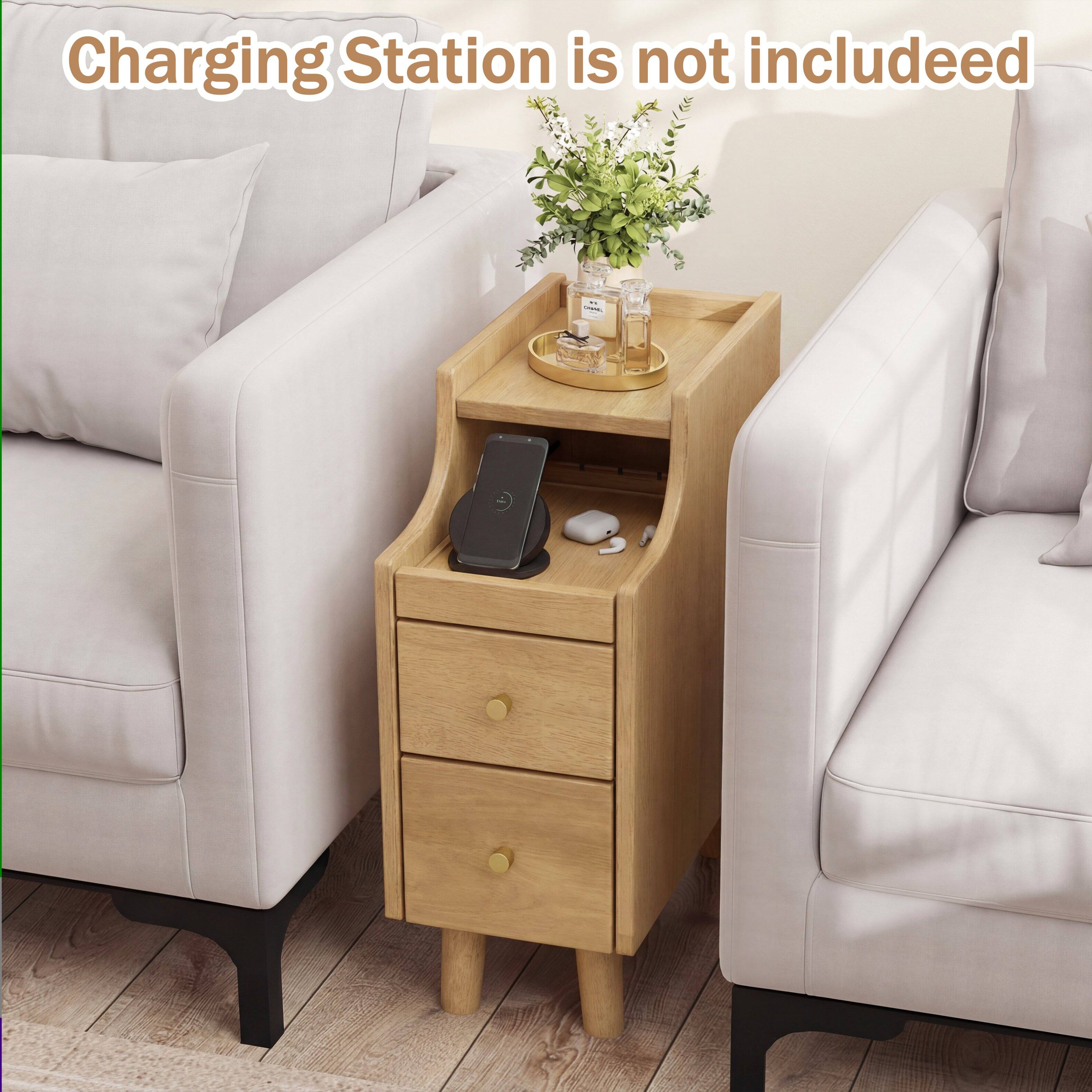 Gymax 2PCS Narrow Nightstand Solid Wood End Table w/Pull out Tray & 2 ...