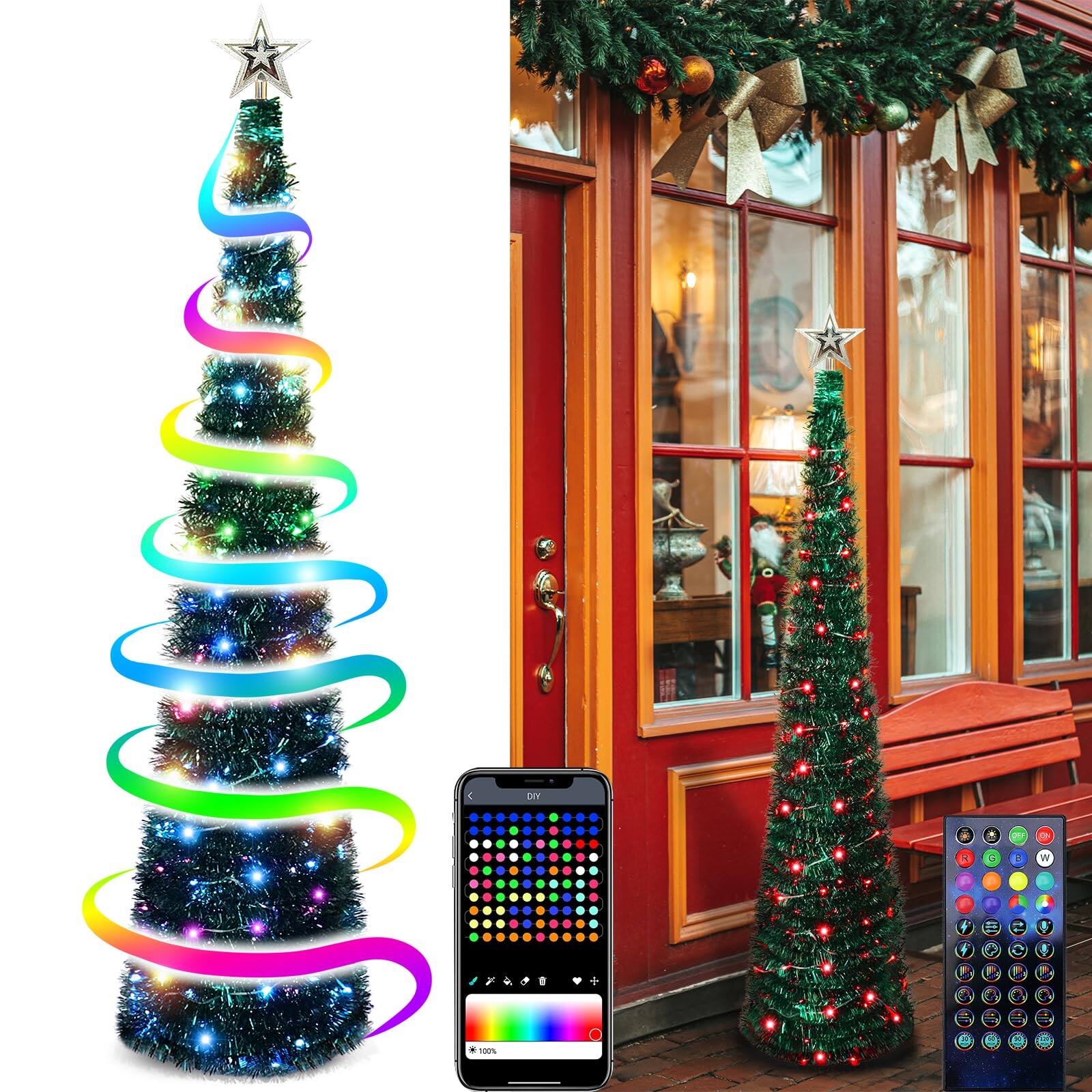 TECH SAFARI Pop Up Christmas Tinsel Tree With Multi color Timer Led ...