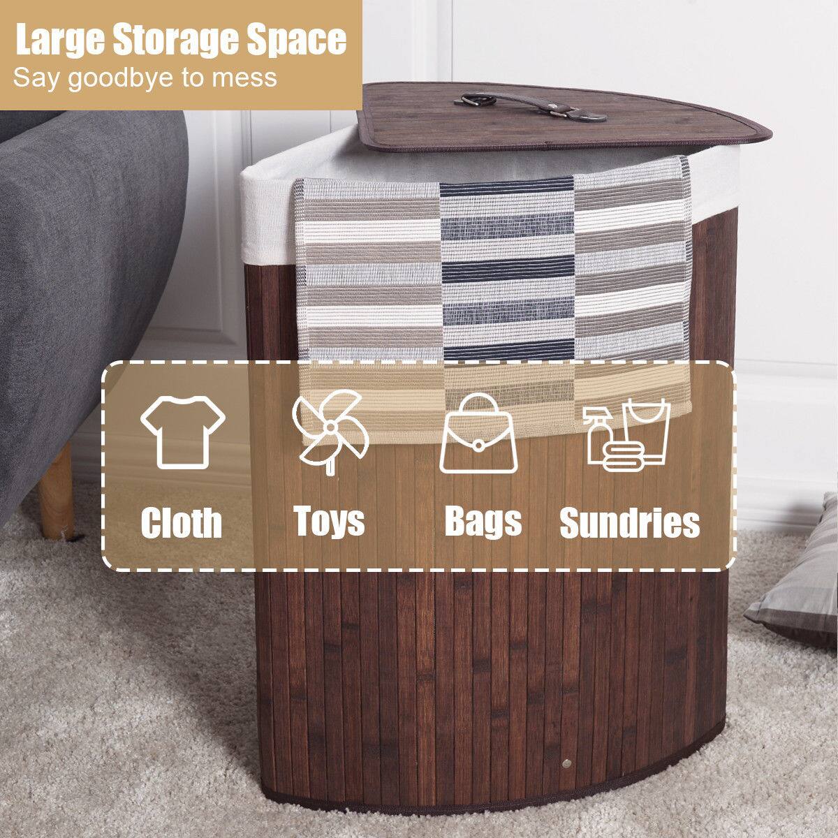 Costway Corner Bamboo Hamper Laundry Basket Washing Cloth Bin Storage ...