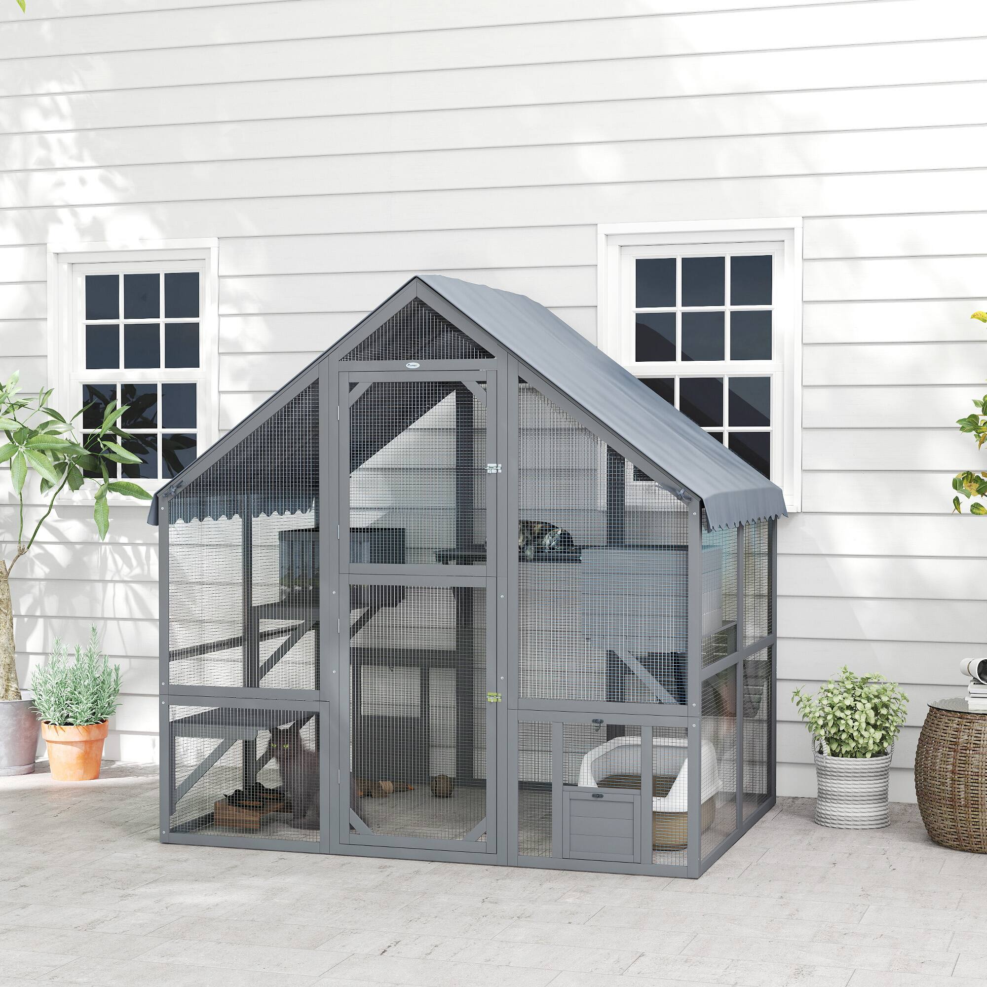 Pawhut Catio Outdoor Cat Enclosure with Waterproof Cover, 2 Condos, 4 ...