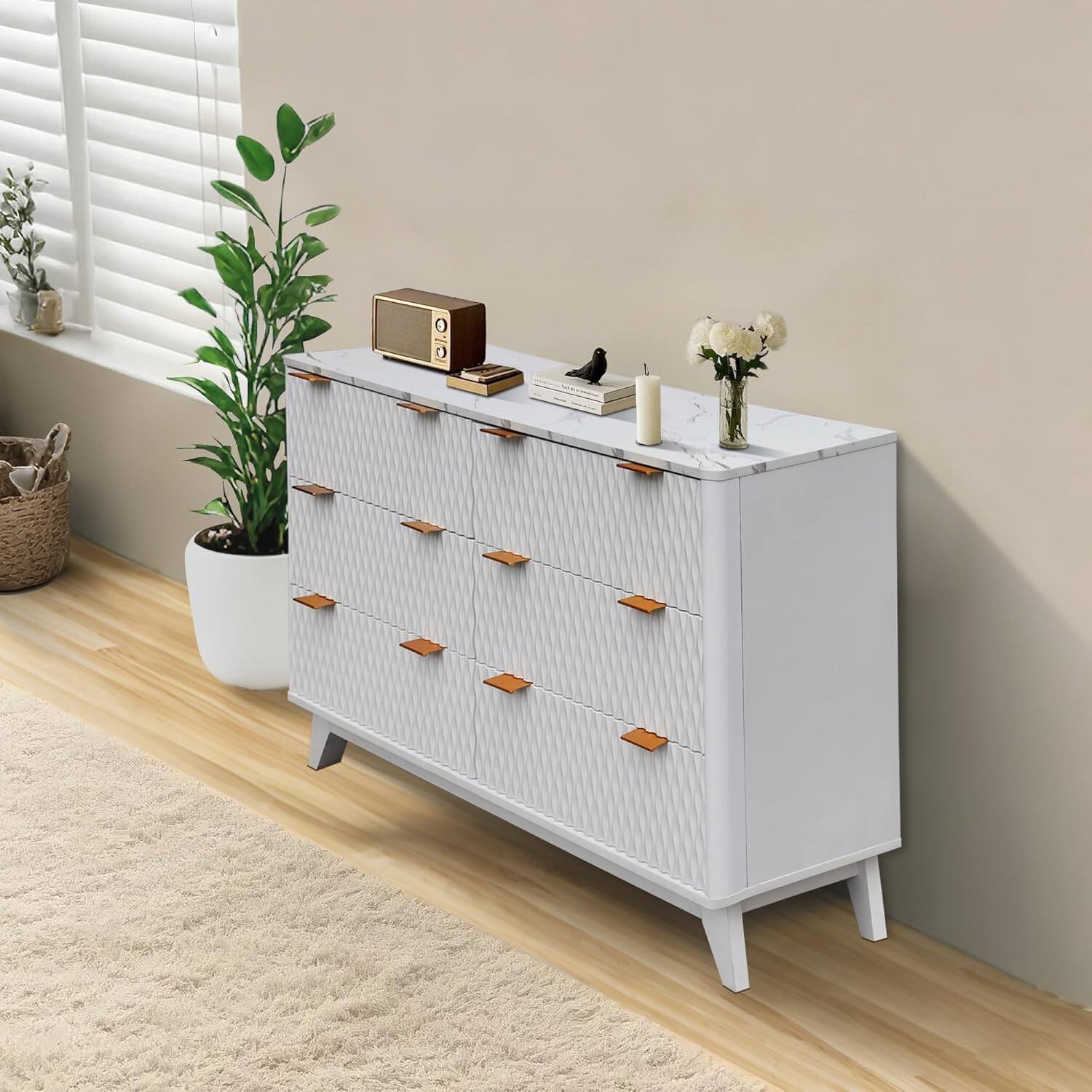 Qeetex 54" Drip Pattern 6 Drawer Chest with Faux Marble Top, Farmhouse ...
