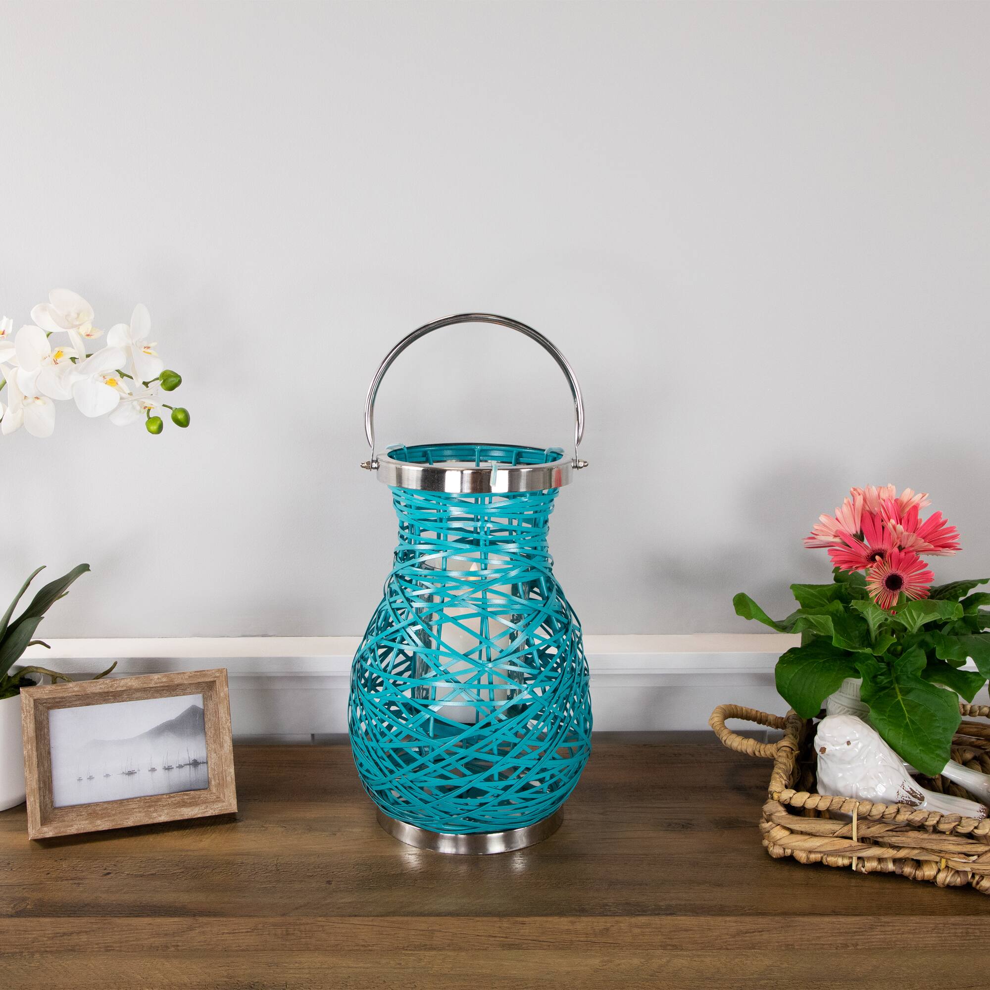 Northlight Woven Iron Hurricane Pillar Candle Lantern 13.5" Turquoise ...