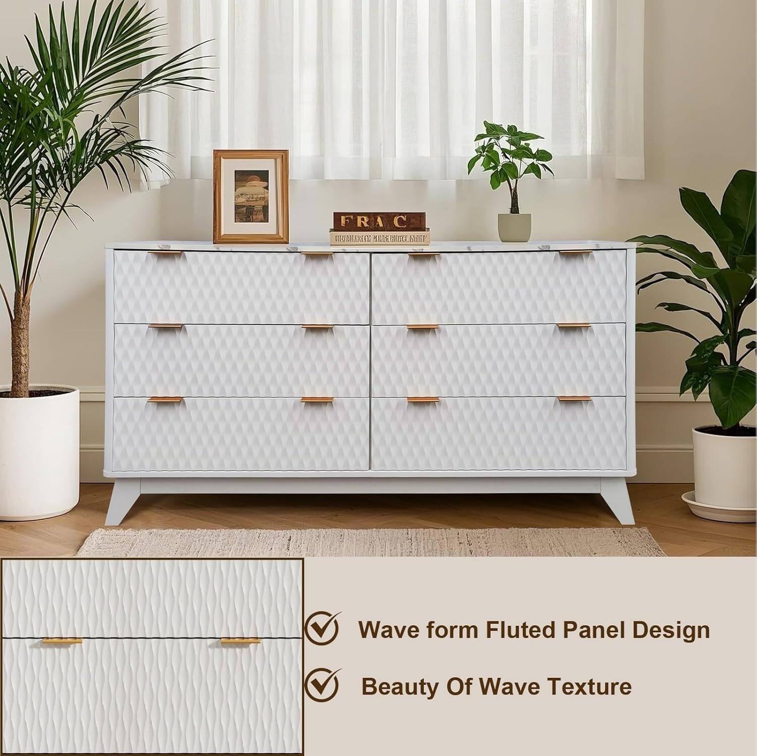 Qeetex 54" Drip Pattern 6 Drawer Chest with Faux Marble Top, Farmhouse ...