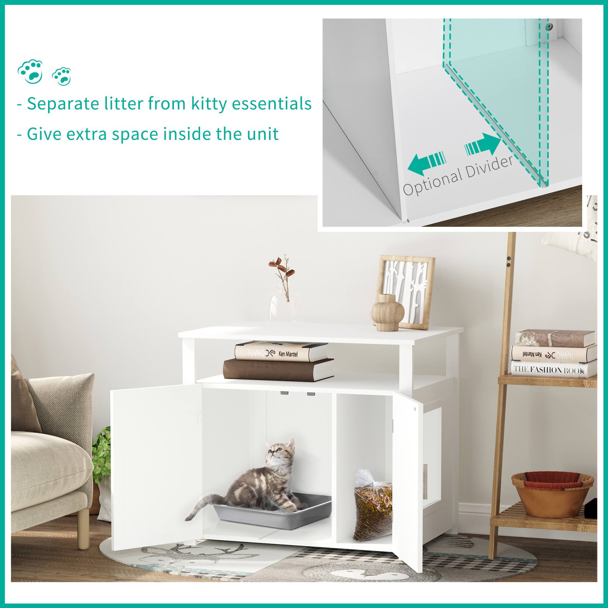 Pawhut Wooden Cat Litter Box Enclosure Furniture with Partition, Cat ...