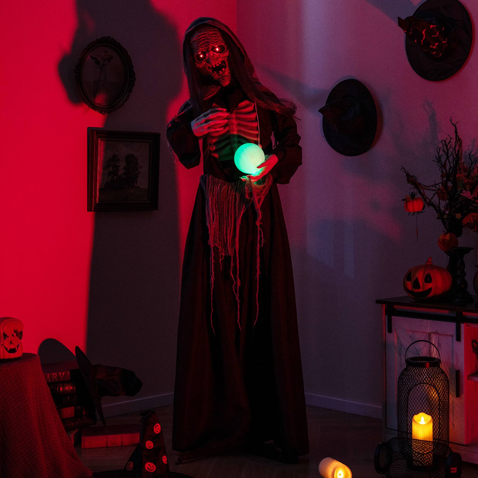 Costway 6ft Halloween Animatronics Standing Witch Talking Animated ...