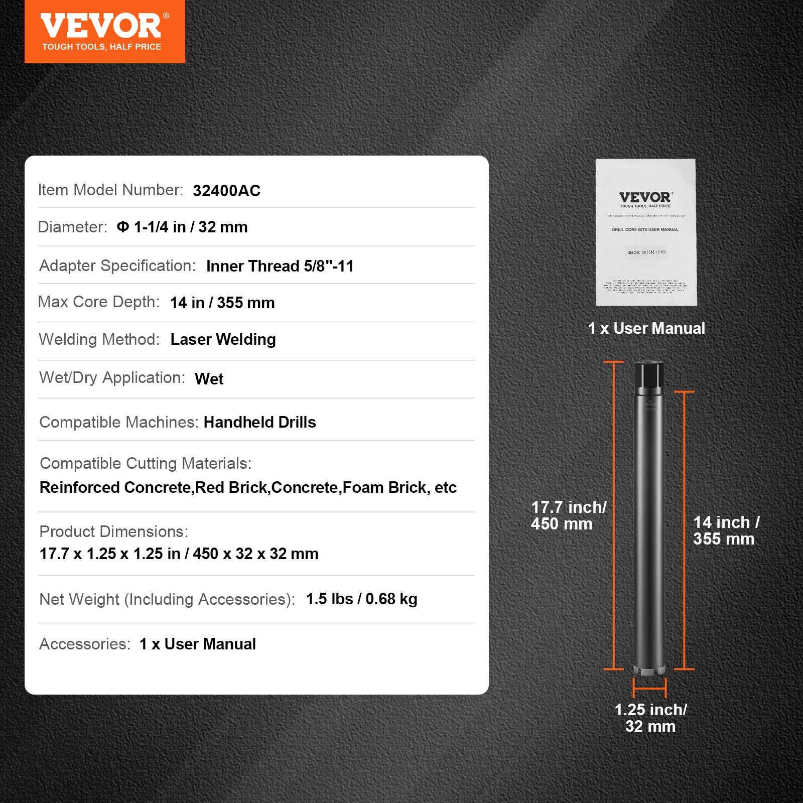 VEVOR Core Drill Bit, 1 1/4" Wet Diamond Core Drill Bits, 14" Drilling ...