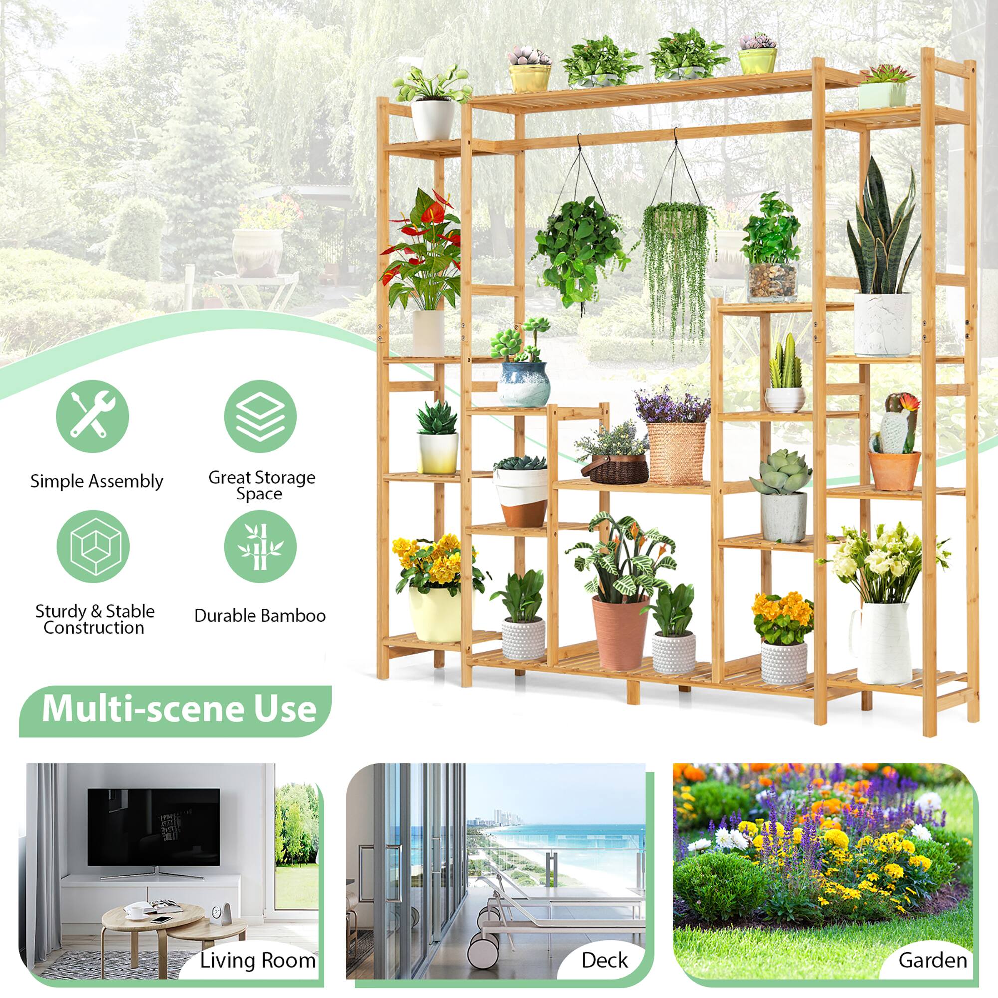 Costway 9 Tier Bamboo Plant Stand Potted Holder w/Hanging Rack Tall ...