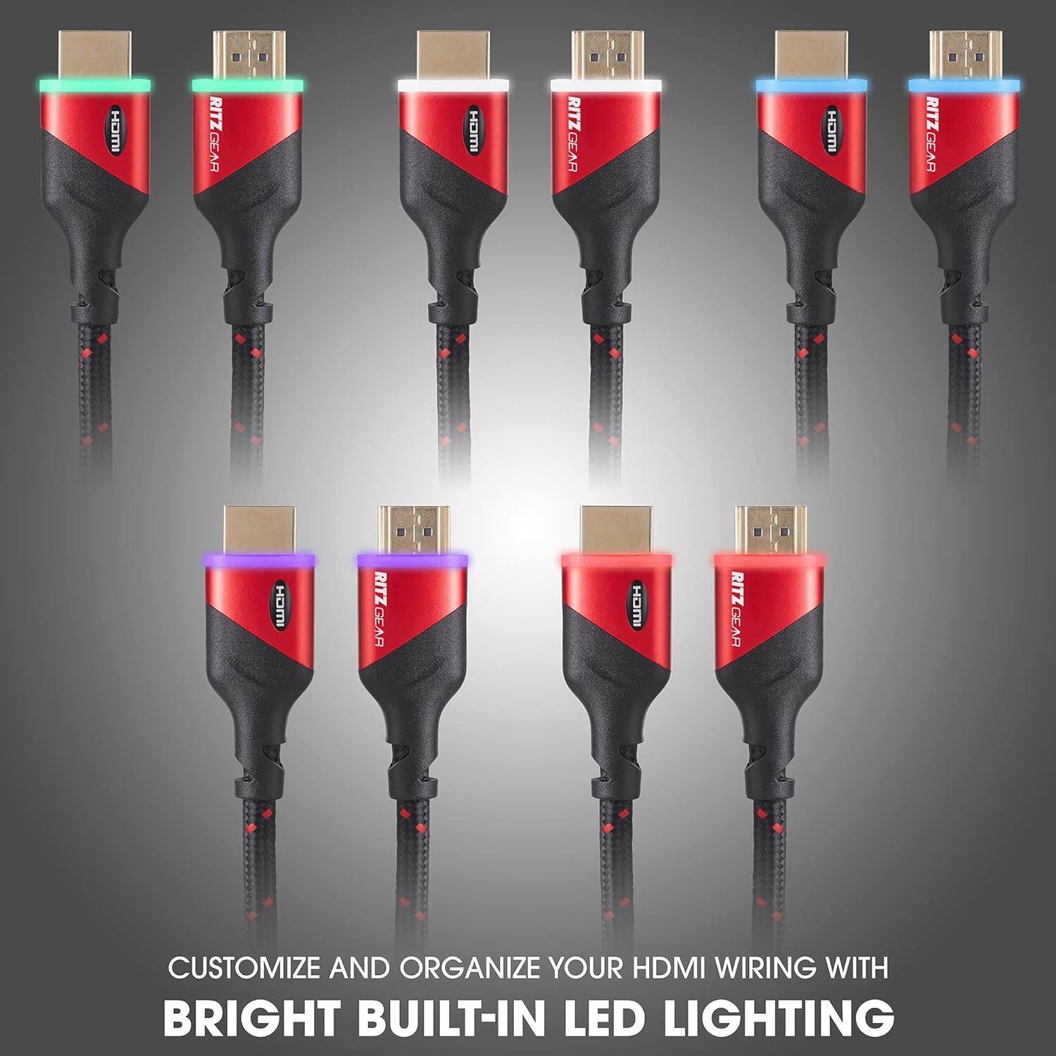 Ritz Gear 4K HDMI Cables 6 ft [5 Pack] /Red Braided Nylon Cord with Multi Color LED Lights for ...