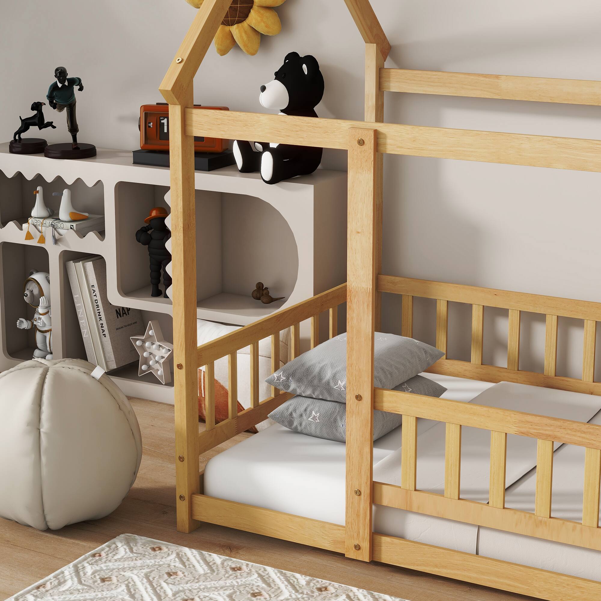 Tiramisubest Twin Size House Floor Wooden Bed with Roof Frame,Safety ...