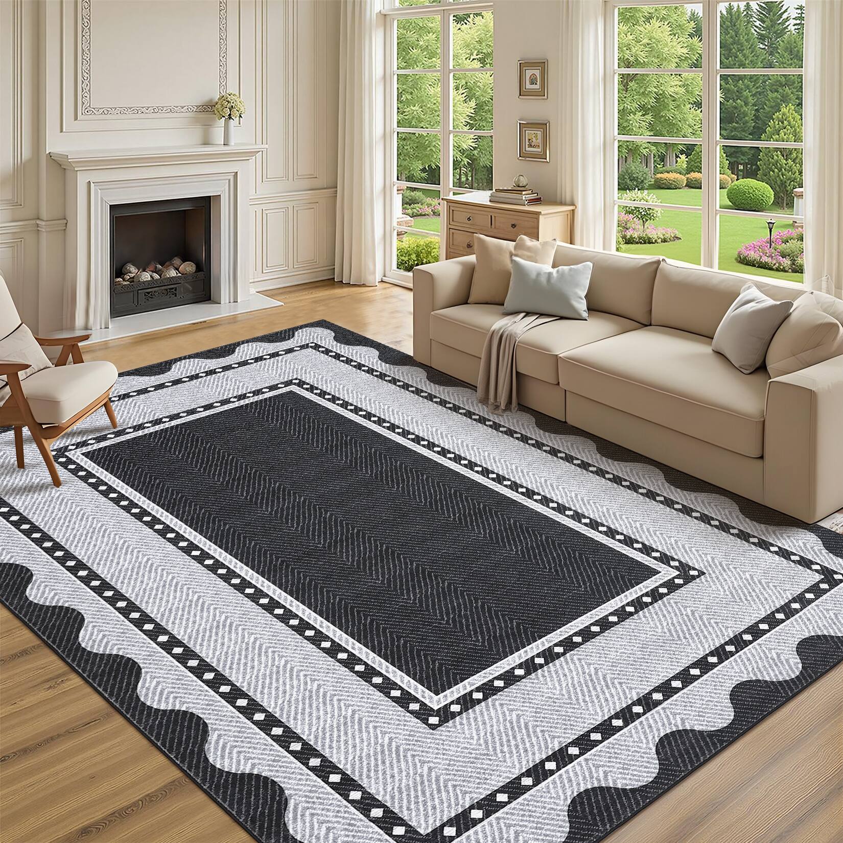 GARVEE Modern Textured Border Area Rug Minimalist Low Pile Non Slip ...