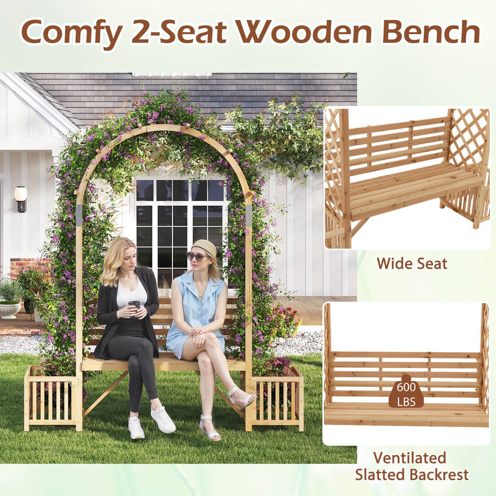 Costway Garden Bench Arbor Arch with Love Seat 2 Trellises & Planting ...