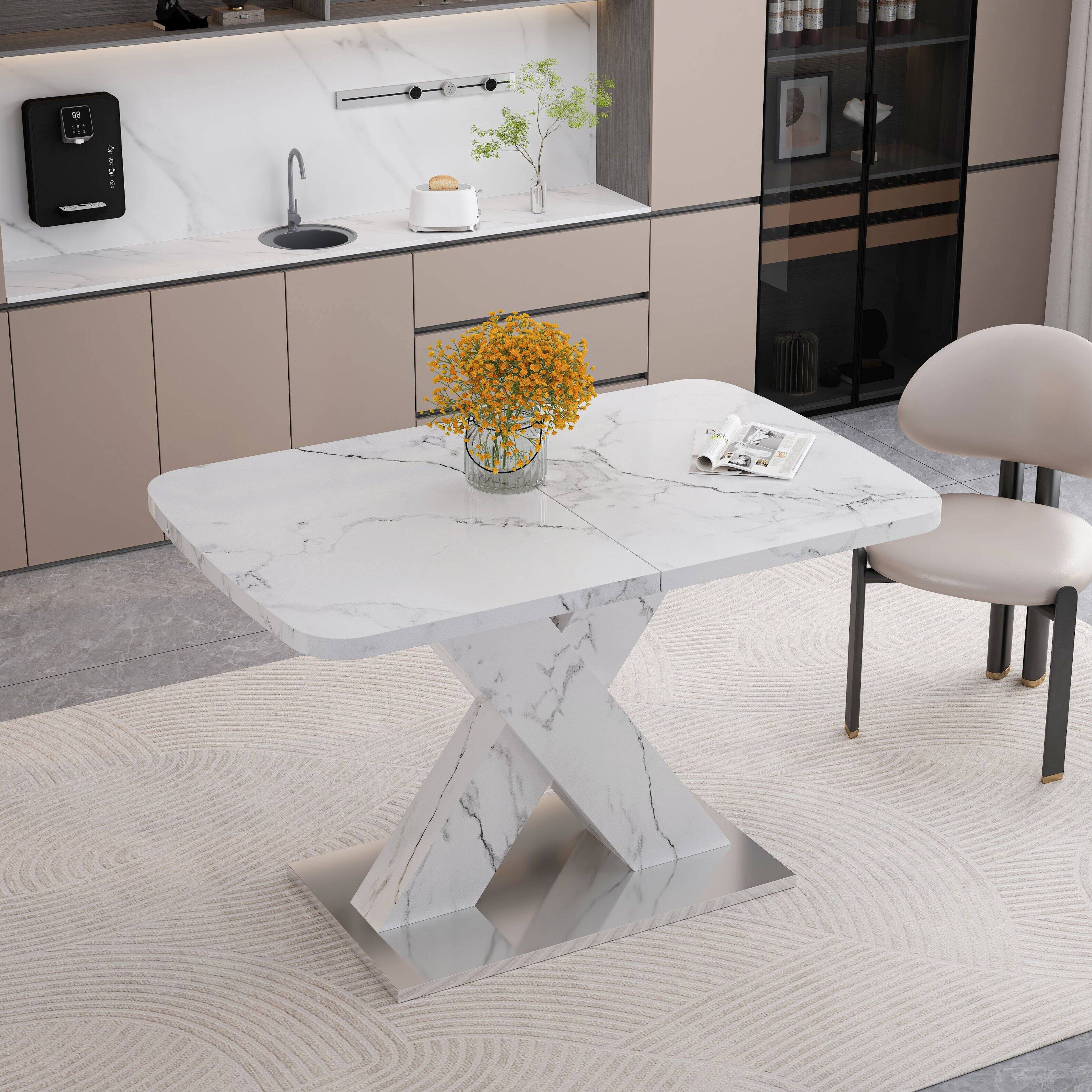 Tiramisubest Modern Square Dining Table, Stretchable, Printed Marble Table Top + MDF X Shape ...